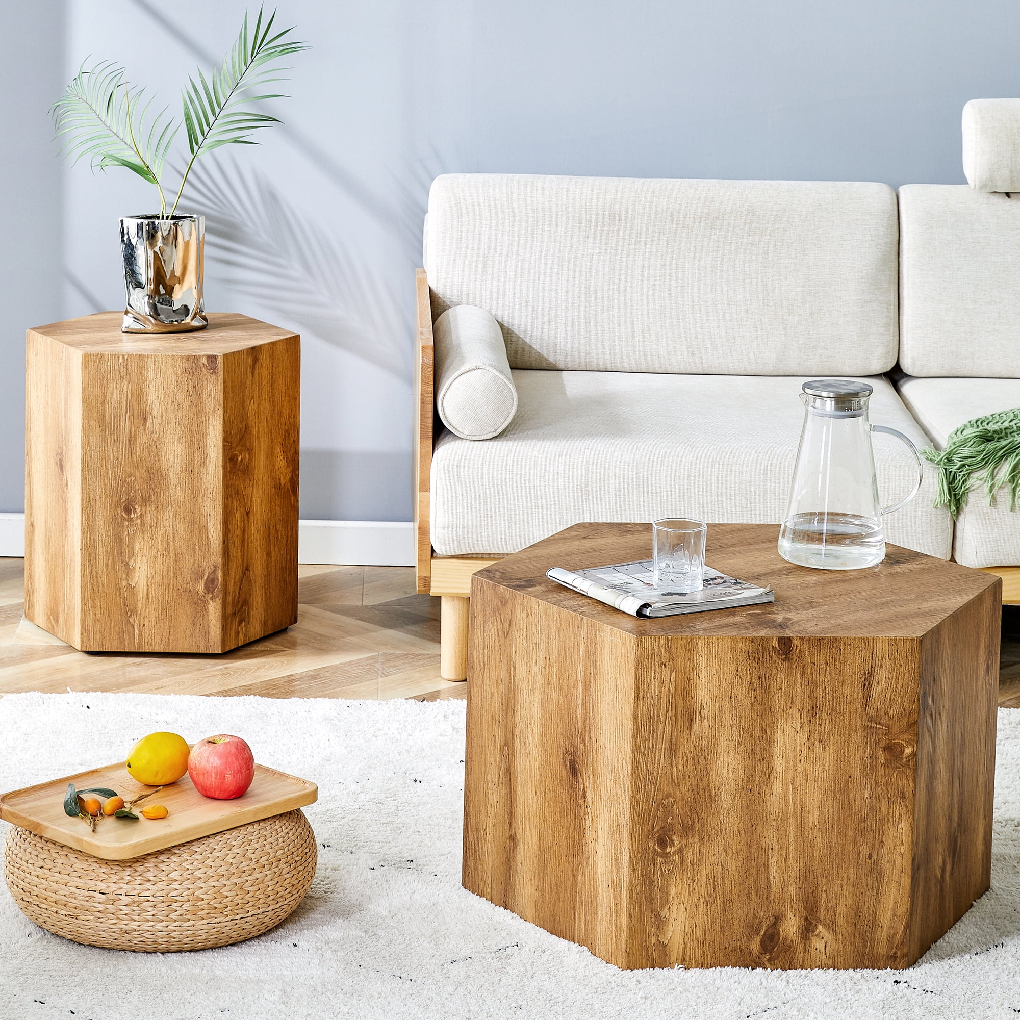 Modern Minimalist Set Of Two Hexagonal Wood-Grain Mdf Coffee Tables ...