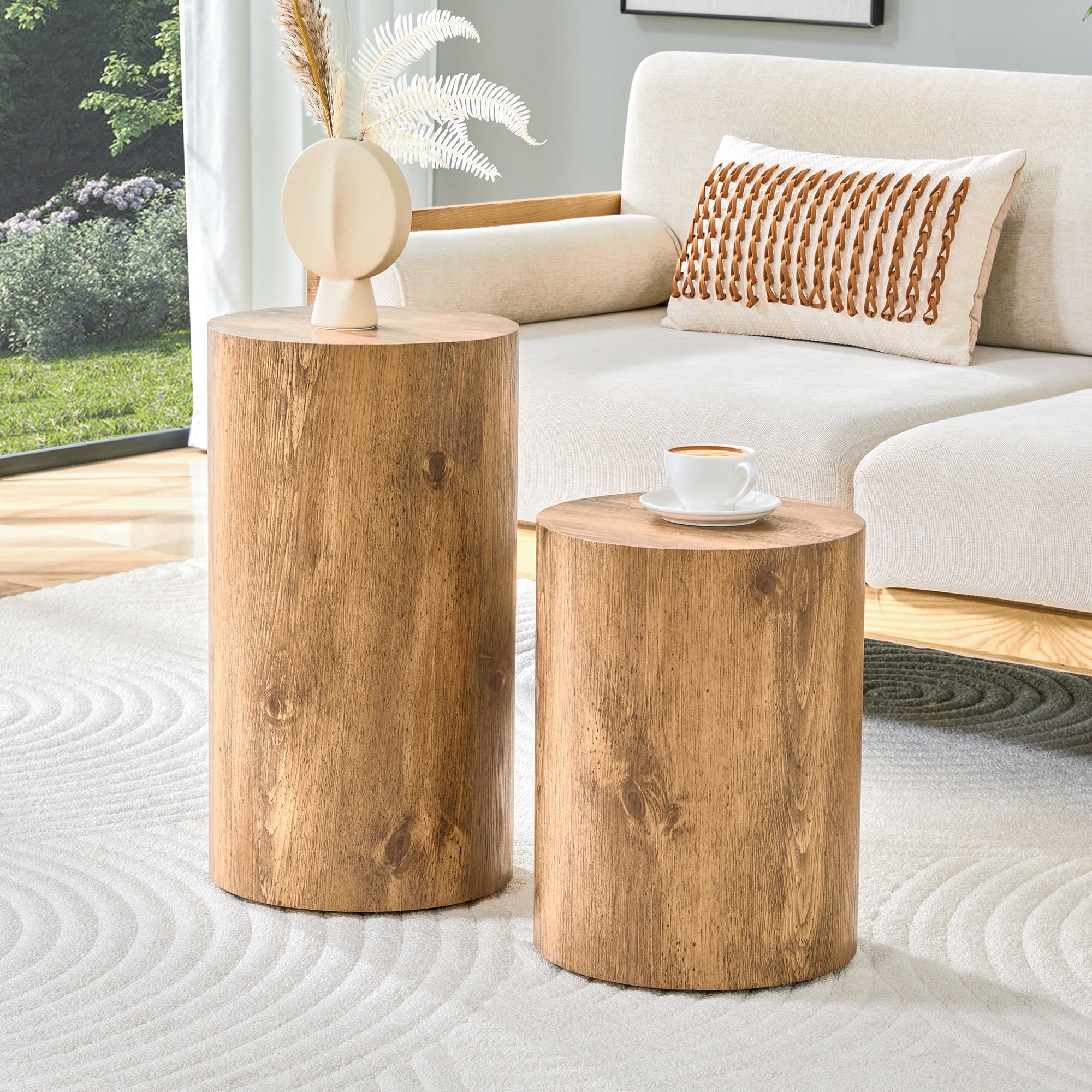 Modern Minimalist Set of Two Wood color Cylinder Marble-Patterned MDF ...