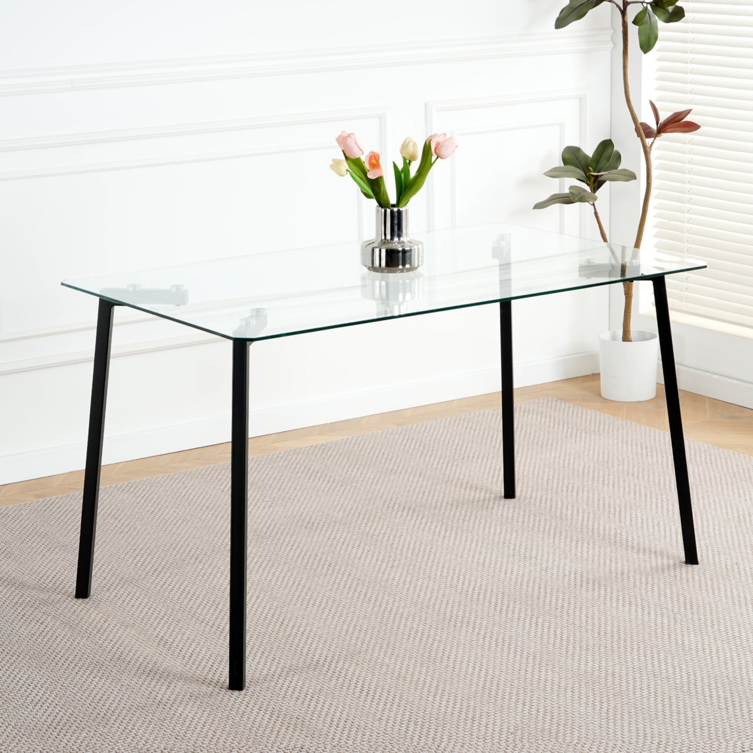 Modern Minimalist Square Glass Dining Table with Clear Tempered Glass ...