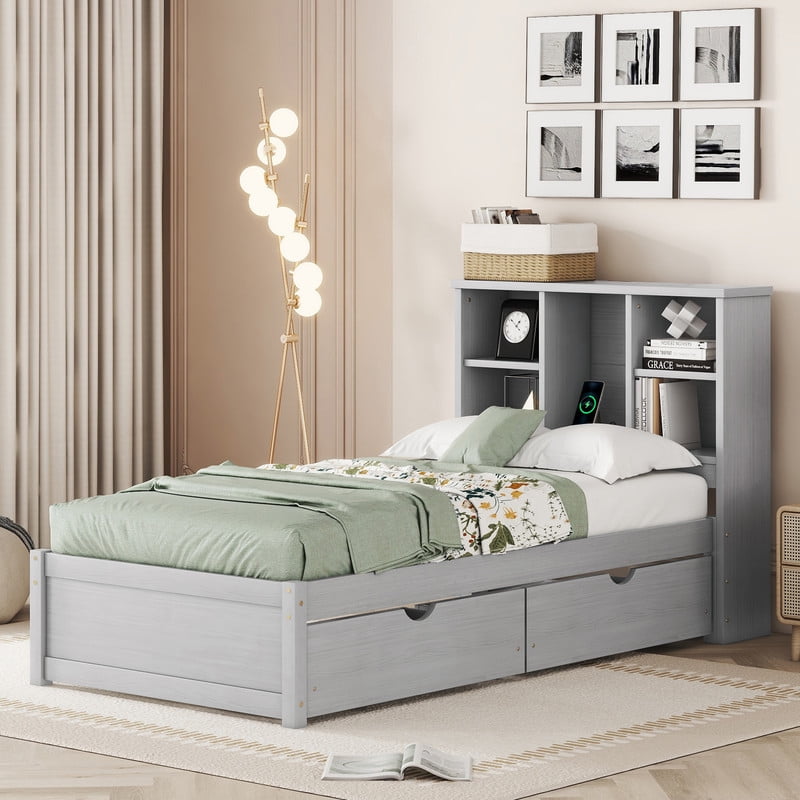 Modern Minimalist Style Double Bed Frame, Bookcase Locker Headboard ...