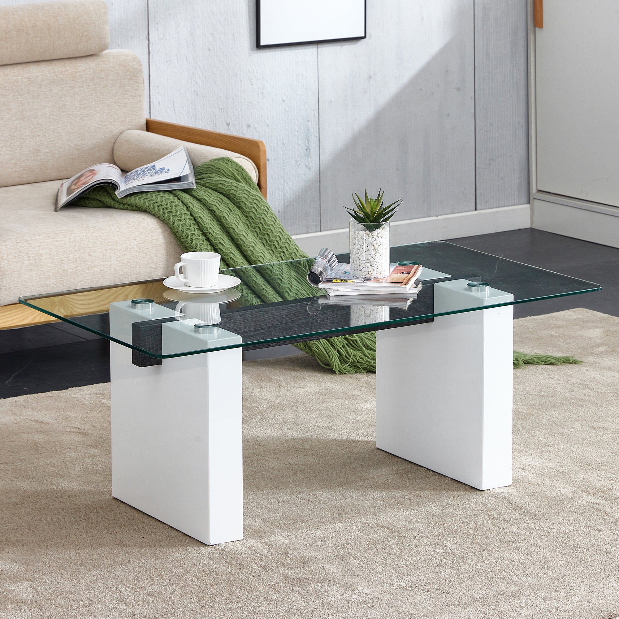 Modern Minimalist Tempered Glass Coffee Table with White MDF Columns ...