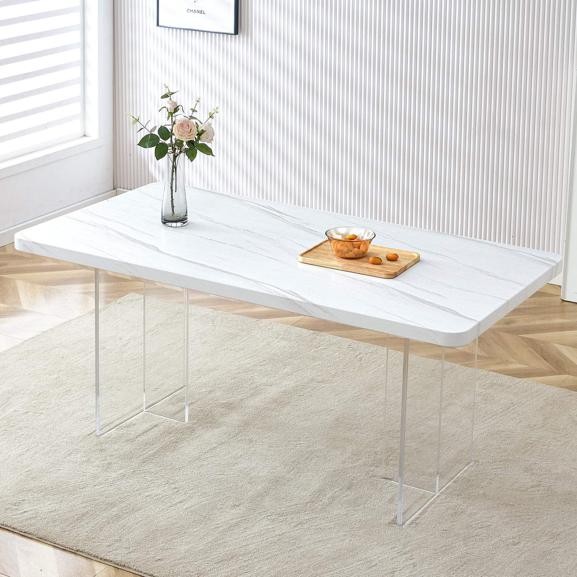 Modern Minimalist White Dining Table, Striped Mdf Tabletop, Acrylic Table Legs. Computer Desk ...