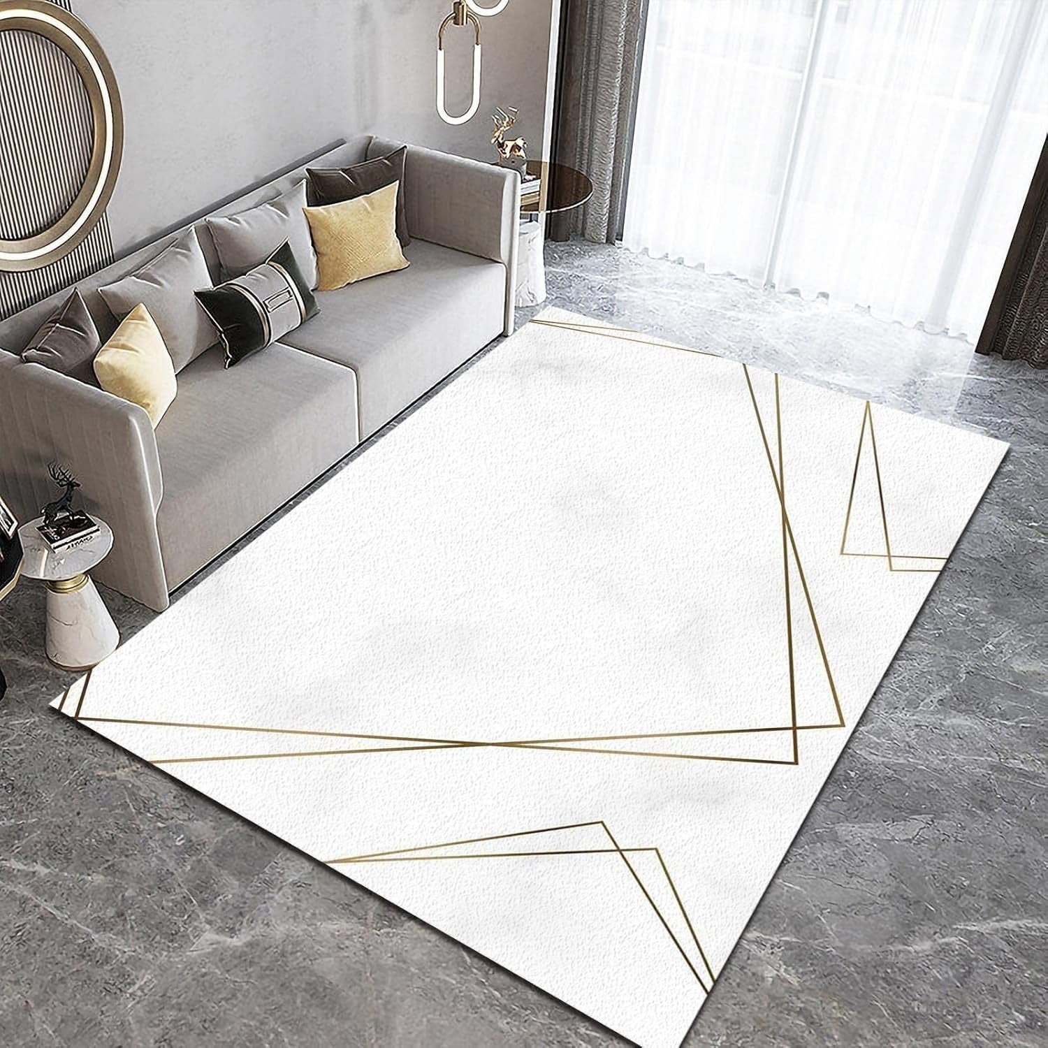 Modern Minimalist White Living Room Rug, Golden Line Geometry Area Rugs ...