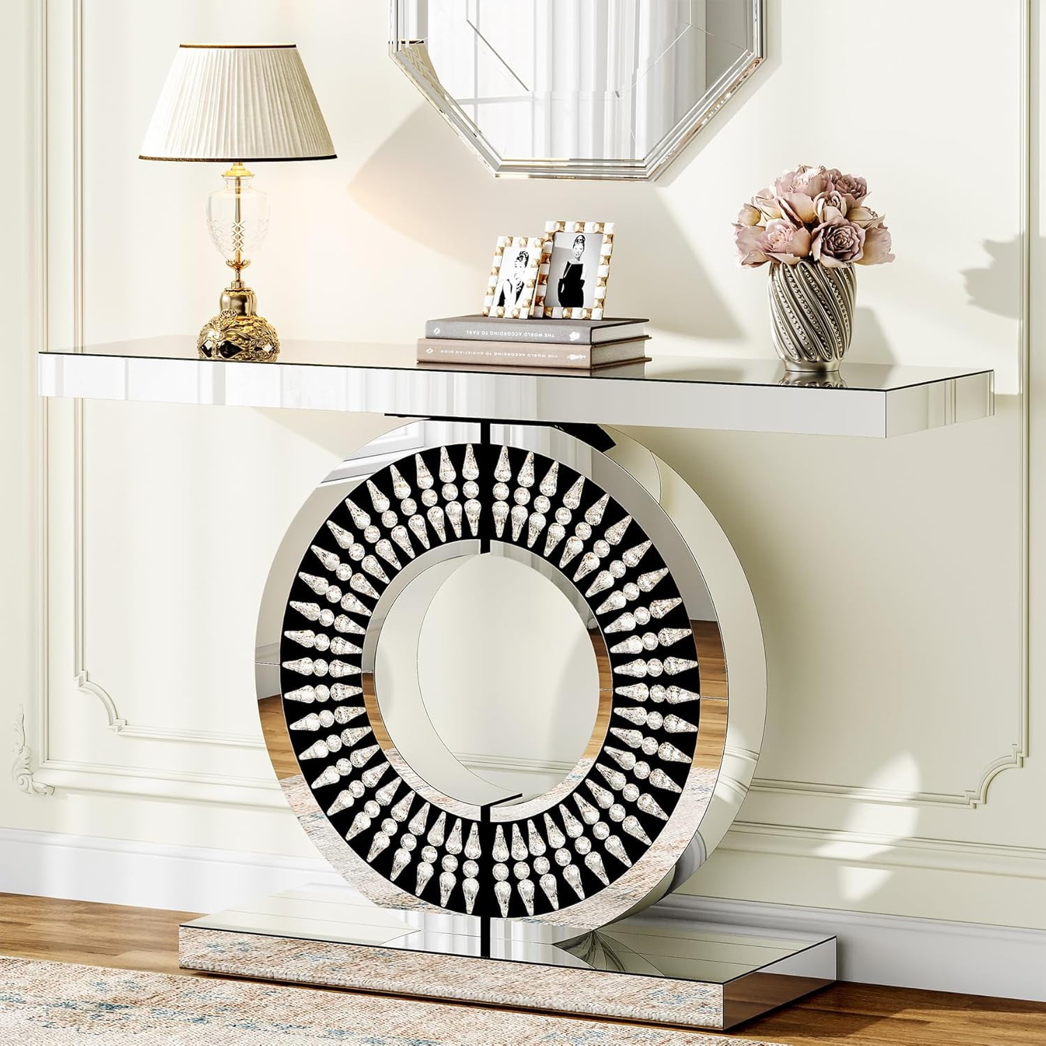 Modern Mirrored Console Table, Glass Sofa Table with Sparkling Crystal ...