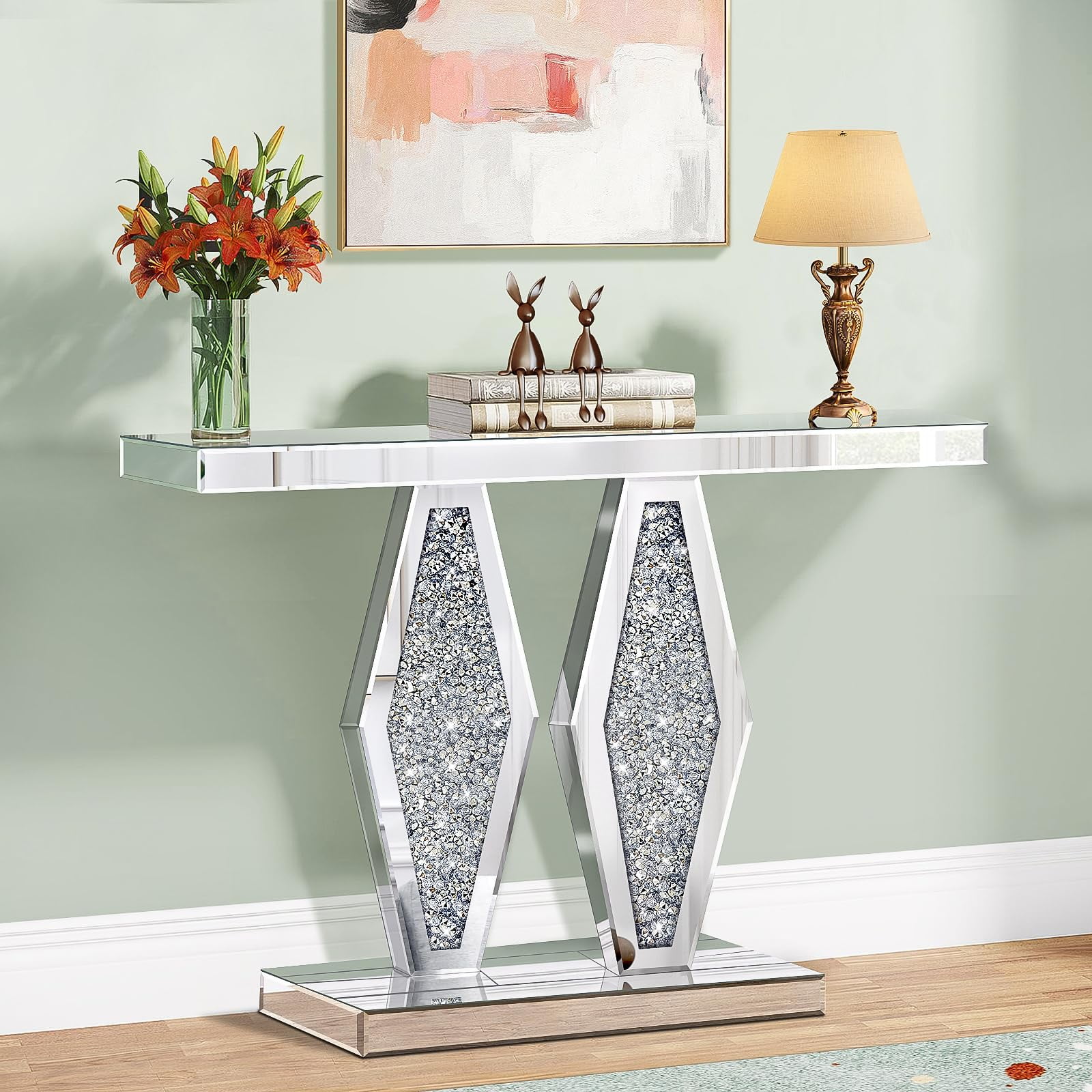 Modern Mirrored Entryway Console Tables with Crushed Diamond Inlay, 39. ...