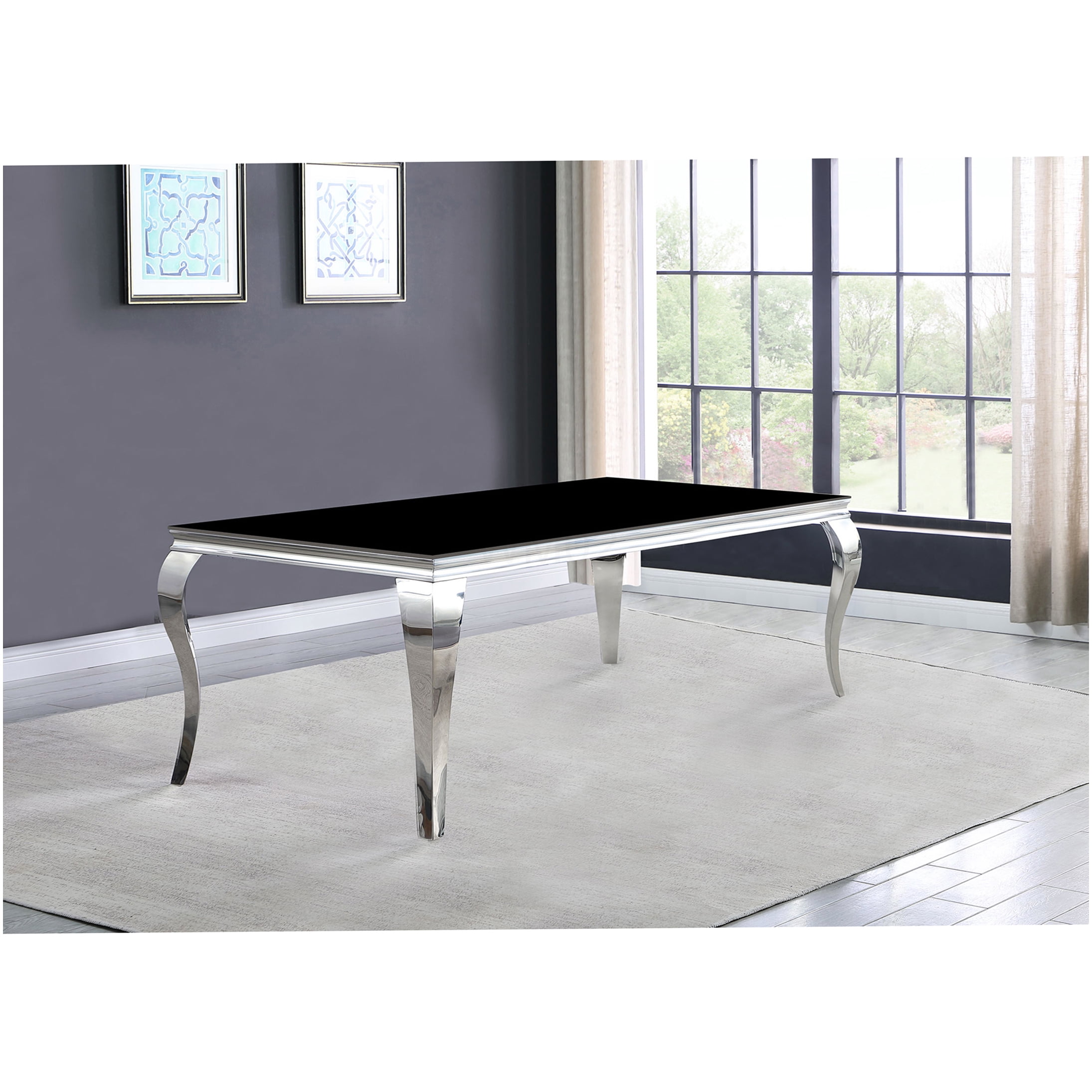 Modern Mirrored Leg Dining Table with Black Glass Top, Contemporary ...