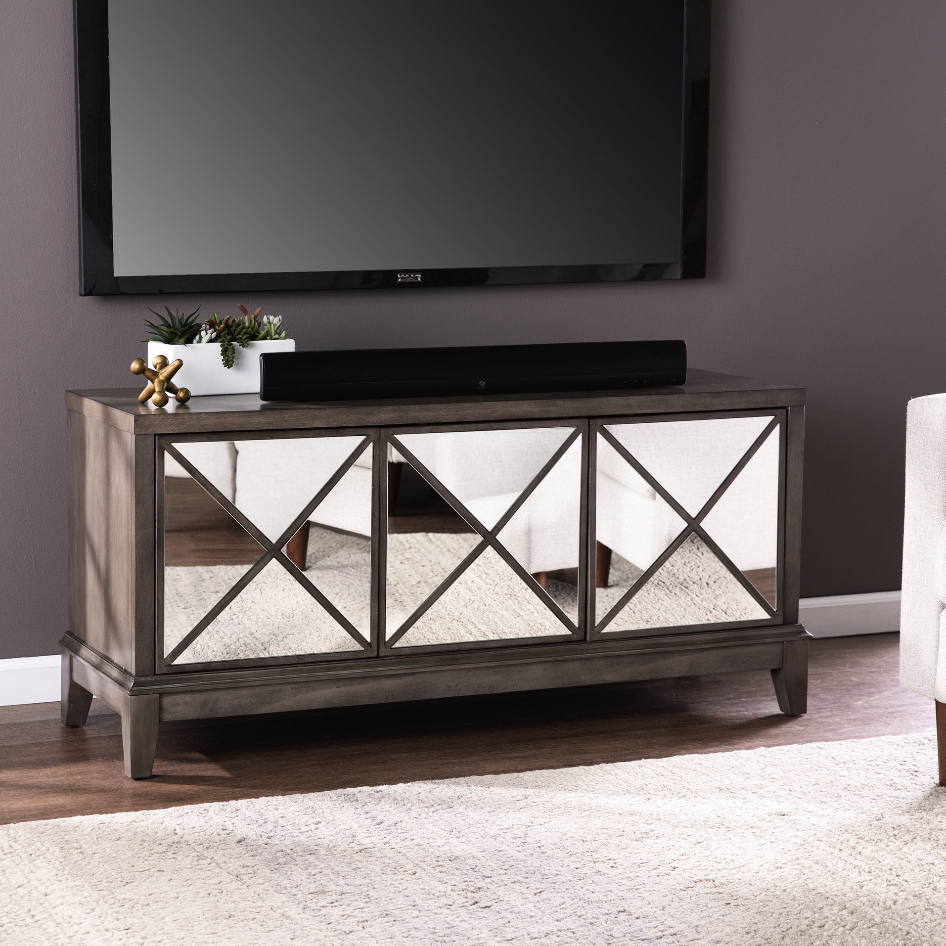 Modern Mirrored Media Cupboard With Doors, Brown, 50 - 59" Tv Stand, Brown Entertainment Cabinet ...