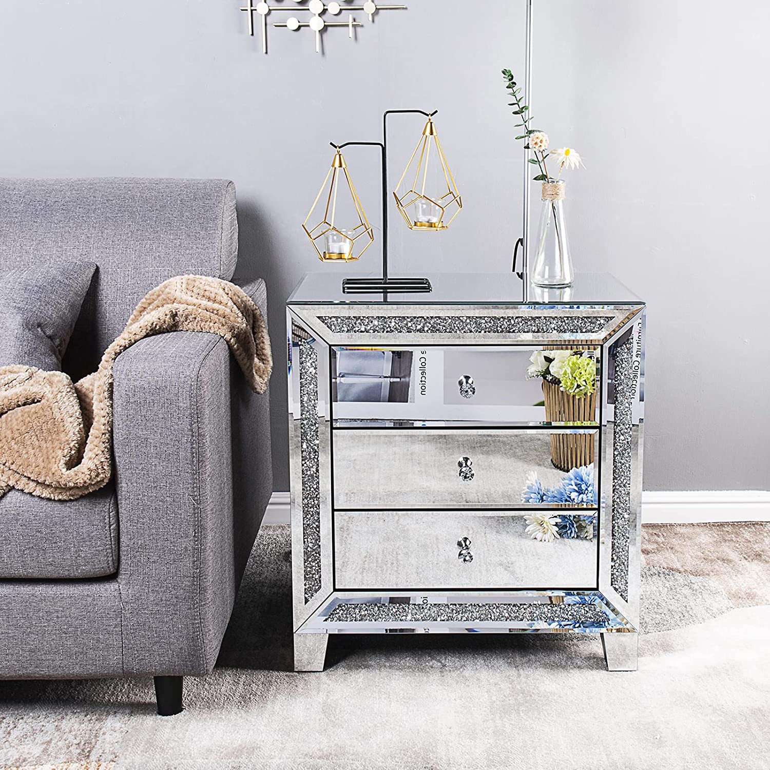 Modern Mirrored Nightstands Set of 2, 23" Glass Mirror Side Table with ...
