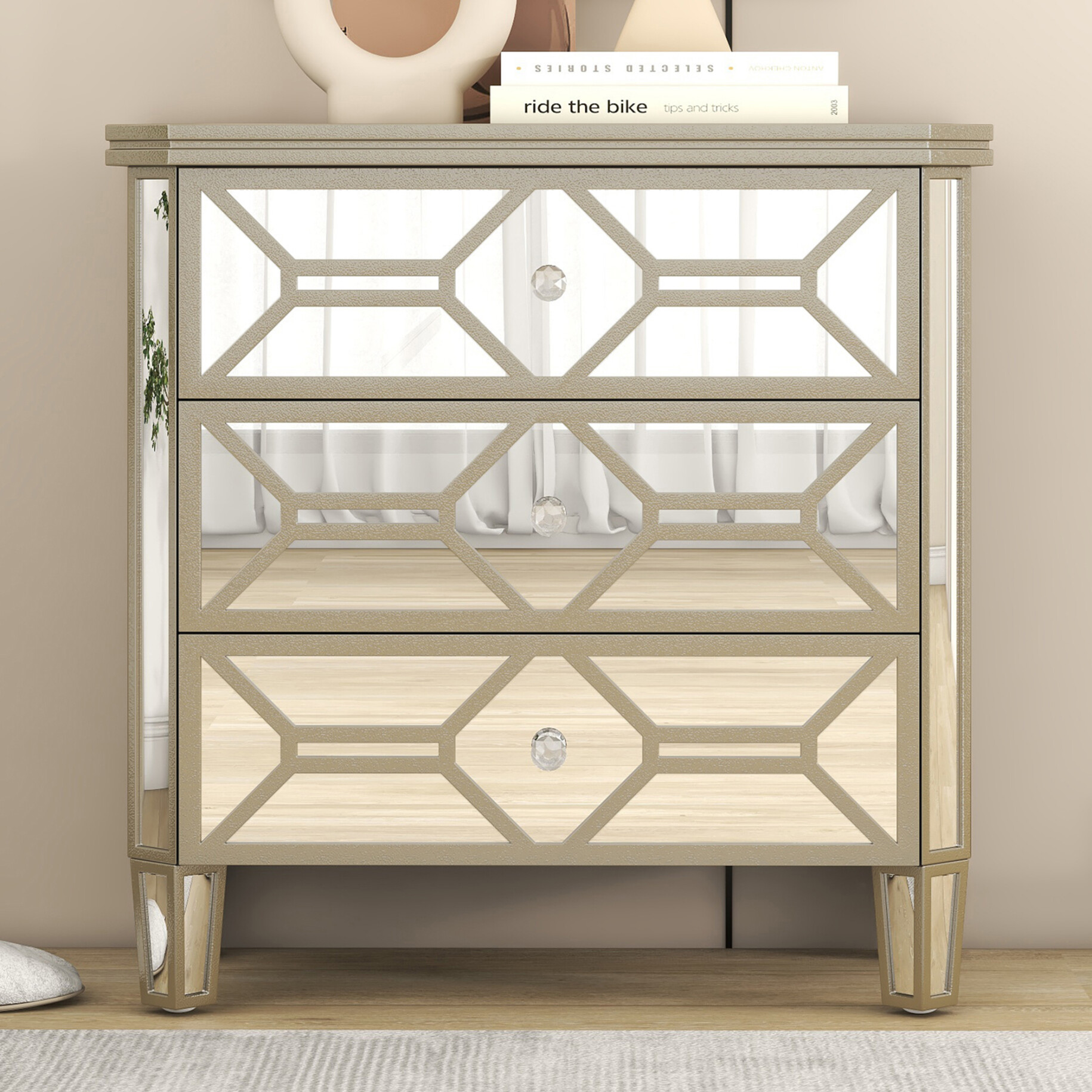 Modern Mirrored Storage Cabinet with 3 Drawers, Elegant Golden Lines ...