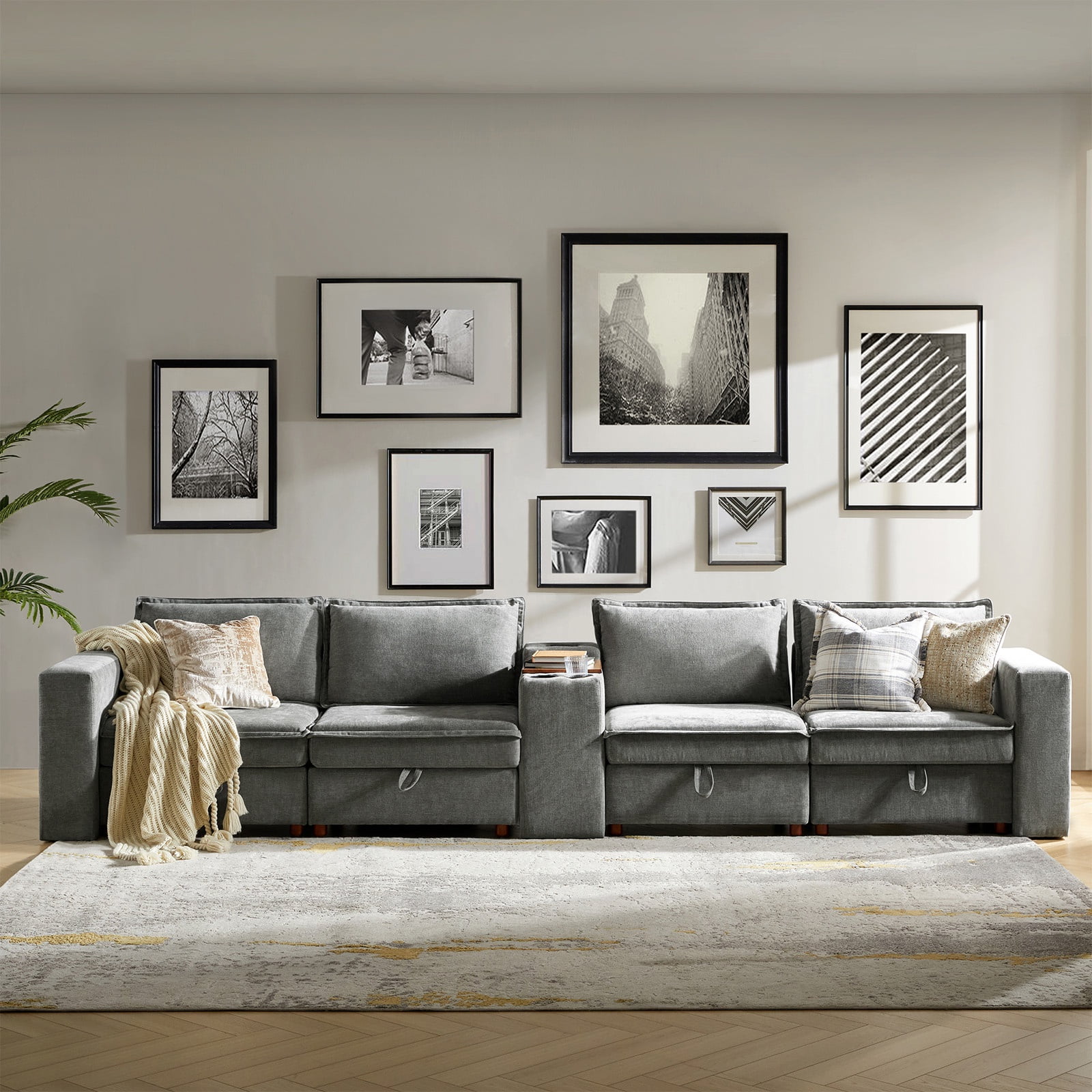 Modern Modular Sectional Sofa with Versatile Consoles 4-Seater Storage Chenille Couch for Living ...