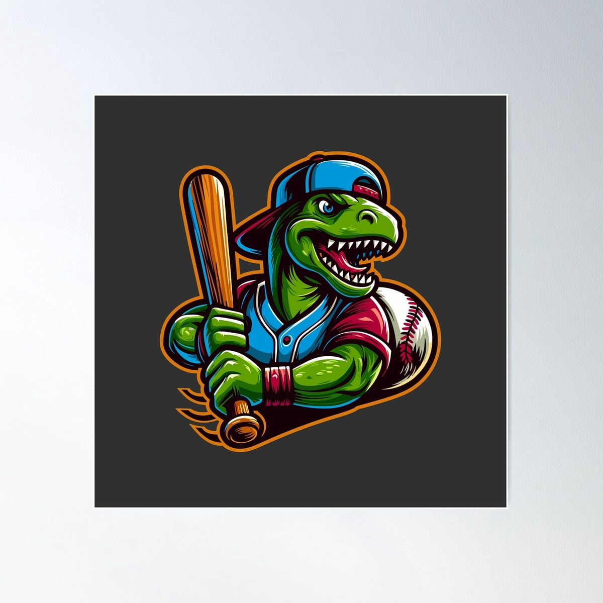 Modern Muscular Dinosaur Cartoon With Baseball Bat Poster Wall Art ...