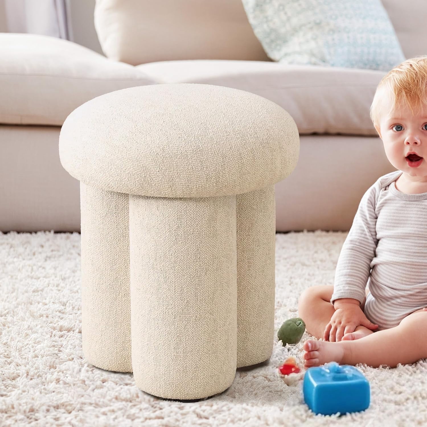 Modern Mushroom Ottoman Stool, Linen Small Ottoman with Round Padded ...