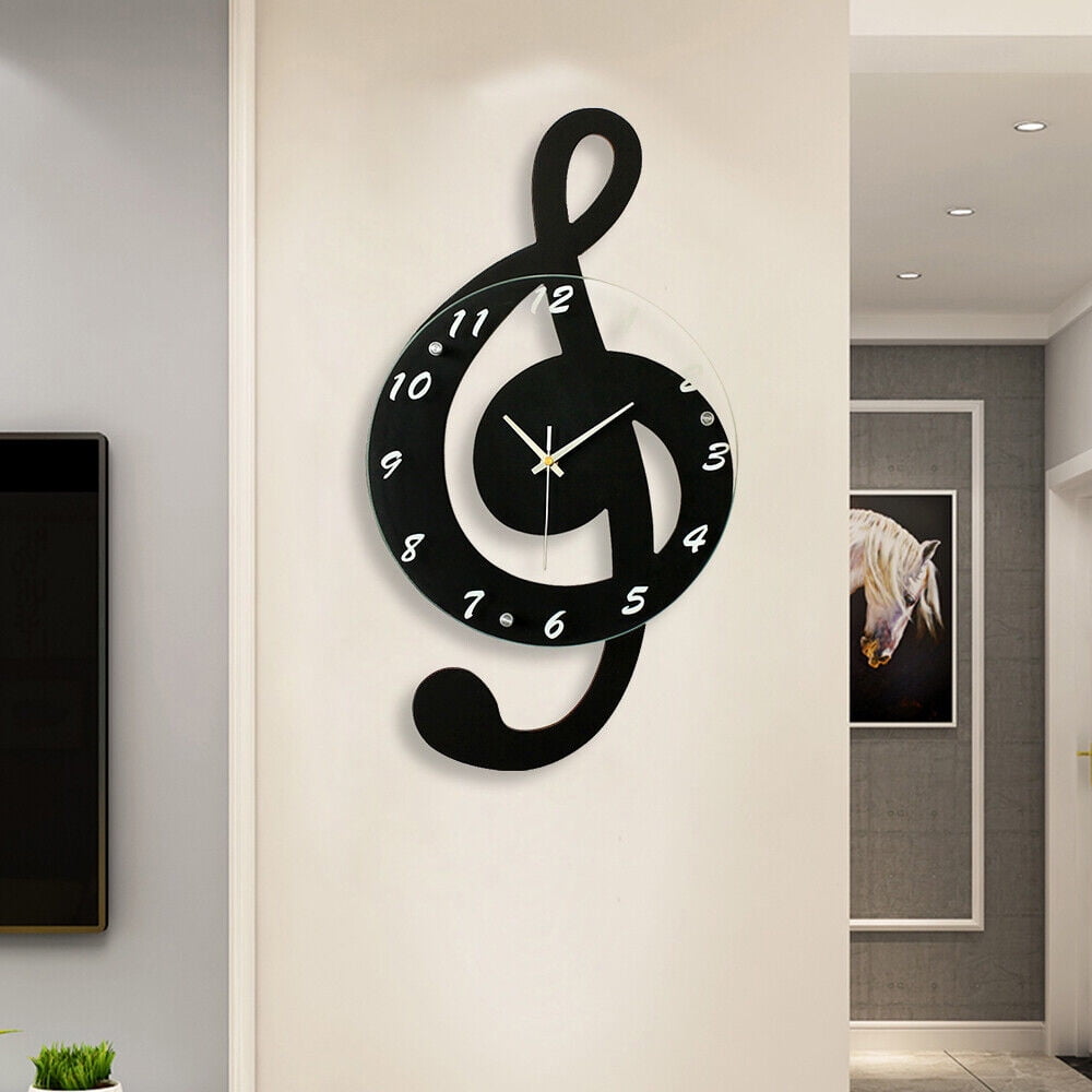 Modern Musical Note Glass Wall Clock Living Room Hanging Clocks Silent ...