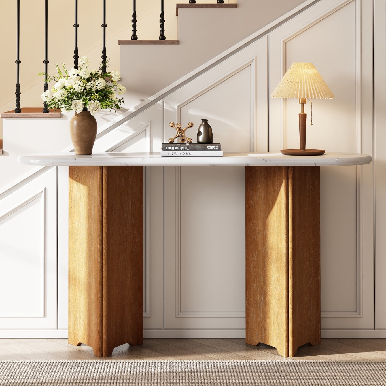 Modern Narrow Console Table, Curved Console Table with Oval Marble Top ...