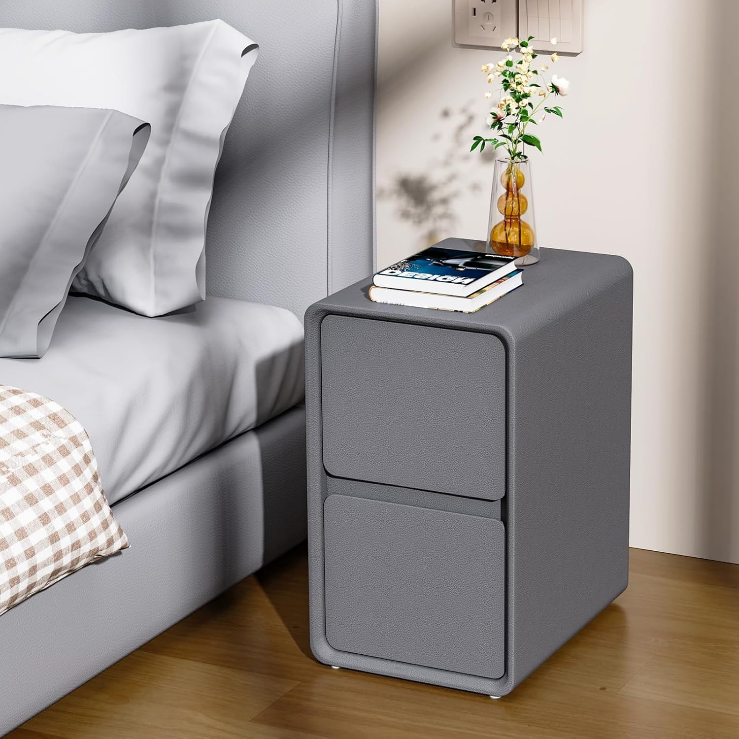 Modern Narrow Faux Leather Nightstand, Solid Wood Drawer, Storage ...