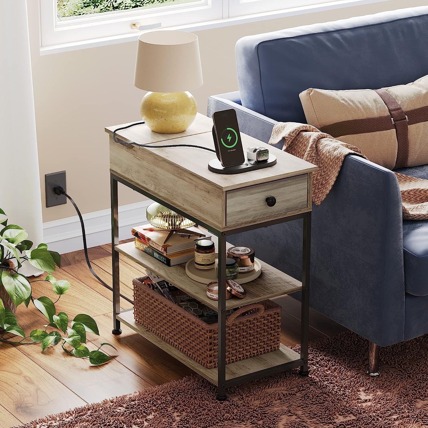 Modern Narrow Side Table - 2 USB Ports & 2 Outlets, Flip-Top with ...