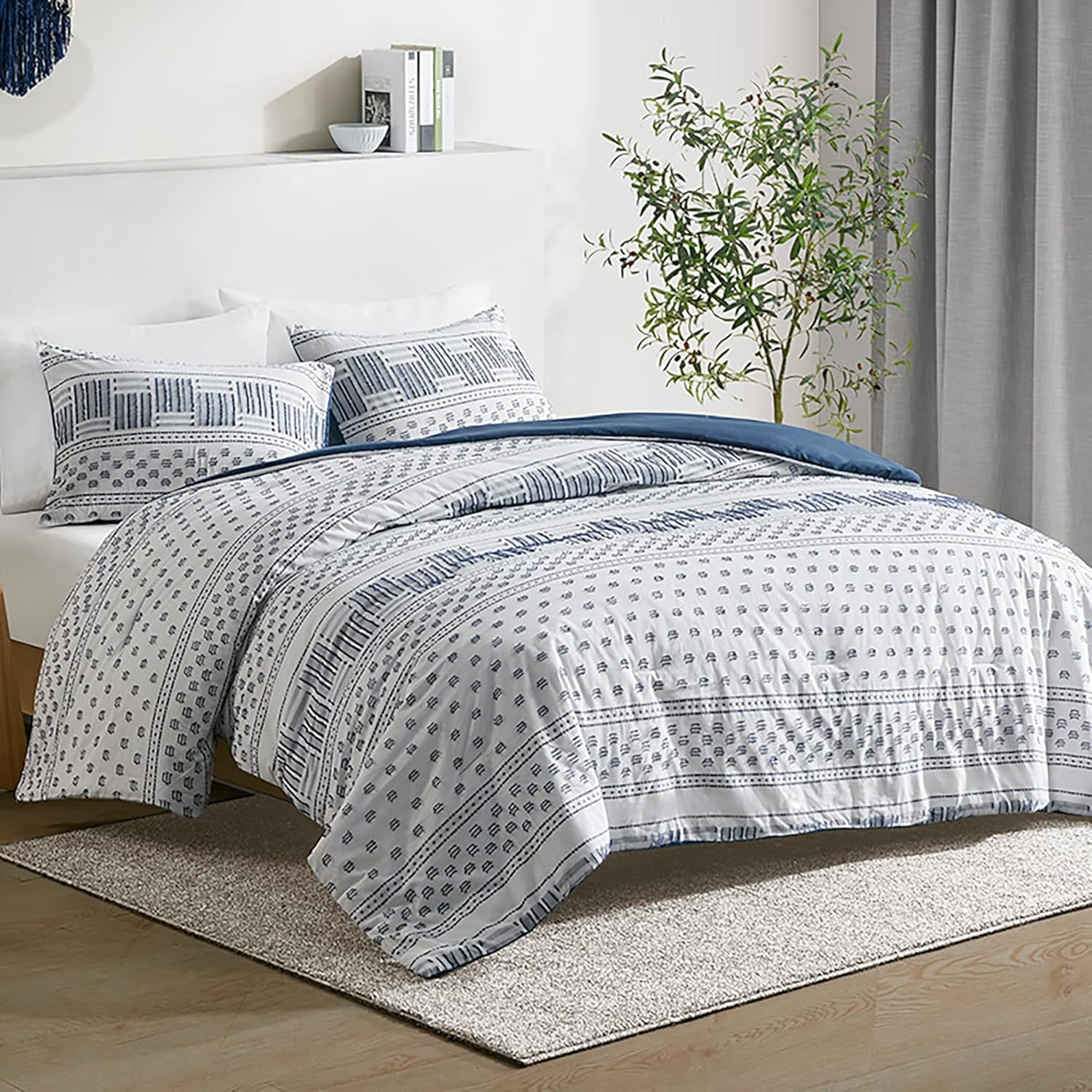 Modern Navy Bedding, Blue /Cal Farmhouse Comforter Set, Top with Boho ...