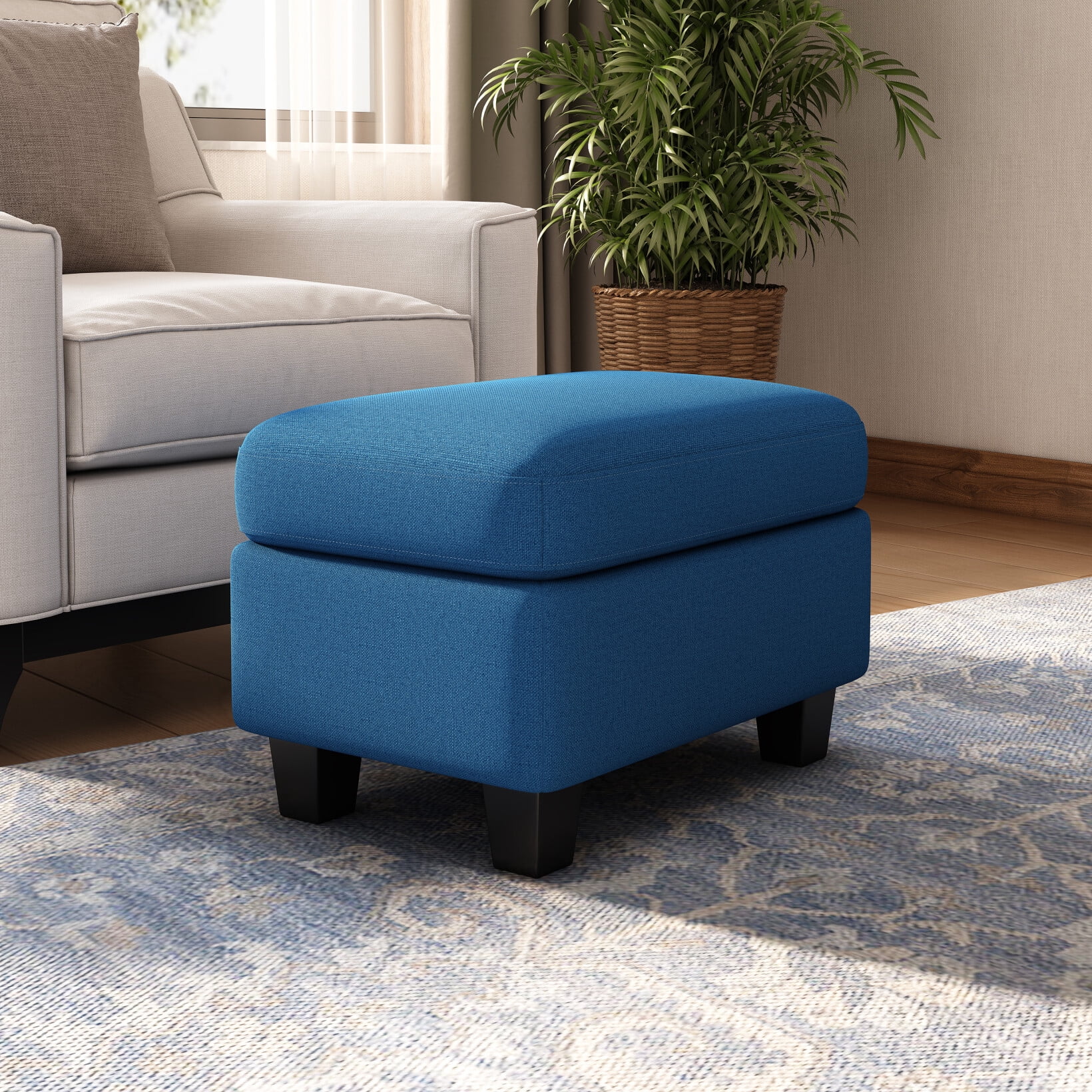 Modern Navy Blue Fabric Ottoman With Birch Wood Legs Versatile