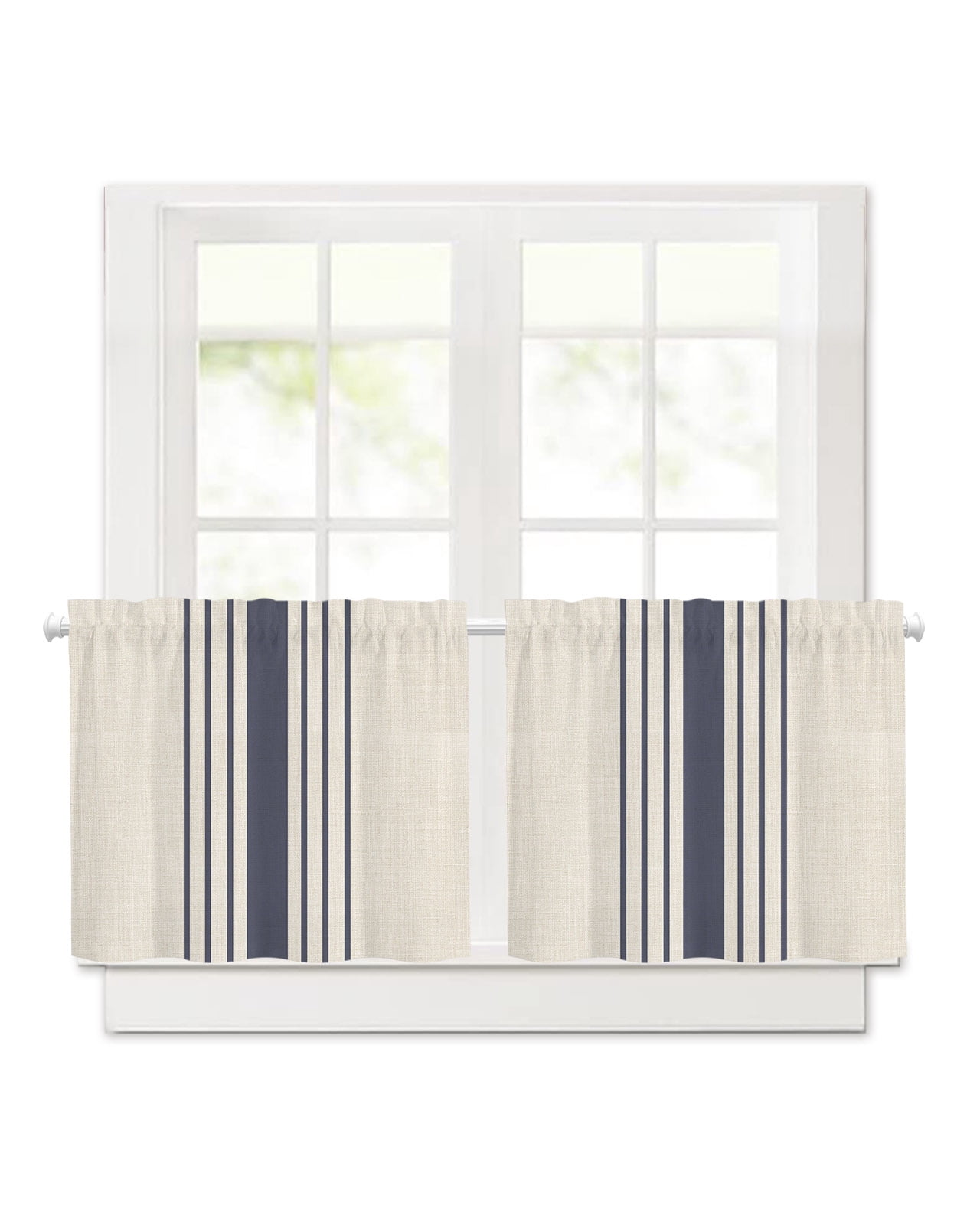 Modern Navy Blue White Stripe Short Blackout Curtains 30 Inch Long ...