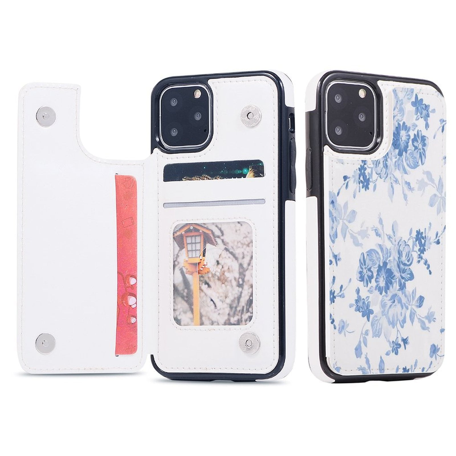 Modern Navy Blue White Watercolor Elegant Floral Leather Wallet Case for iPhone 16 15 14 13 12 ...