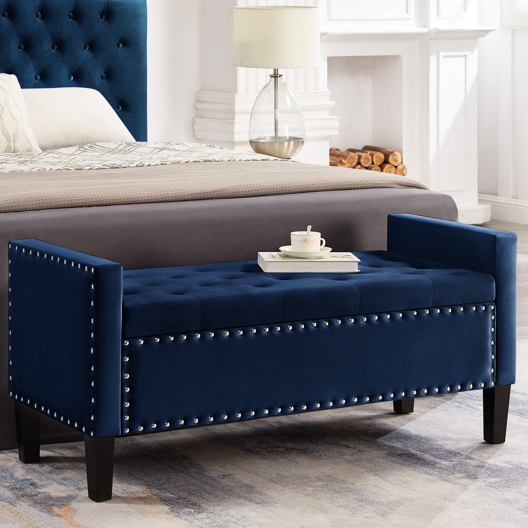 Modern Navy Storage Bench with Nail Trim | Decorates Living Areas ...
