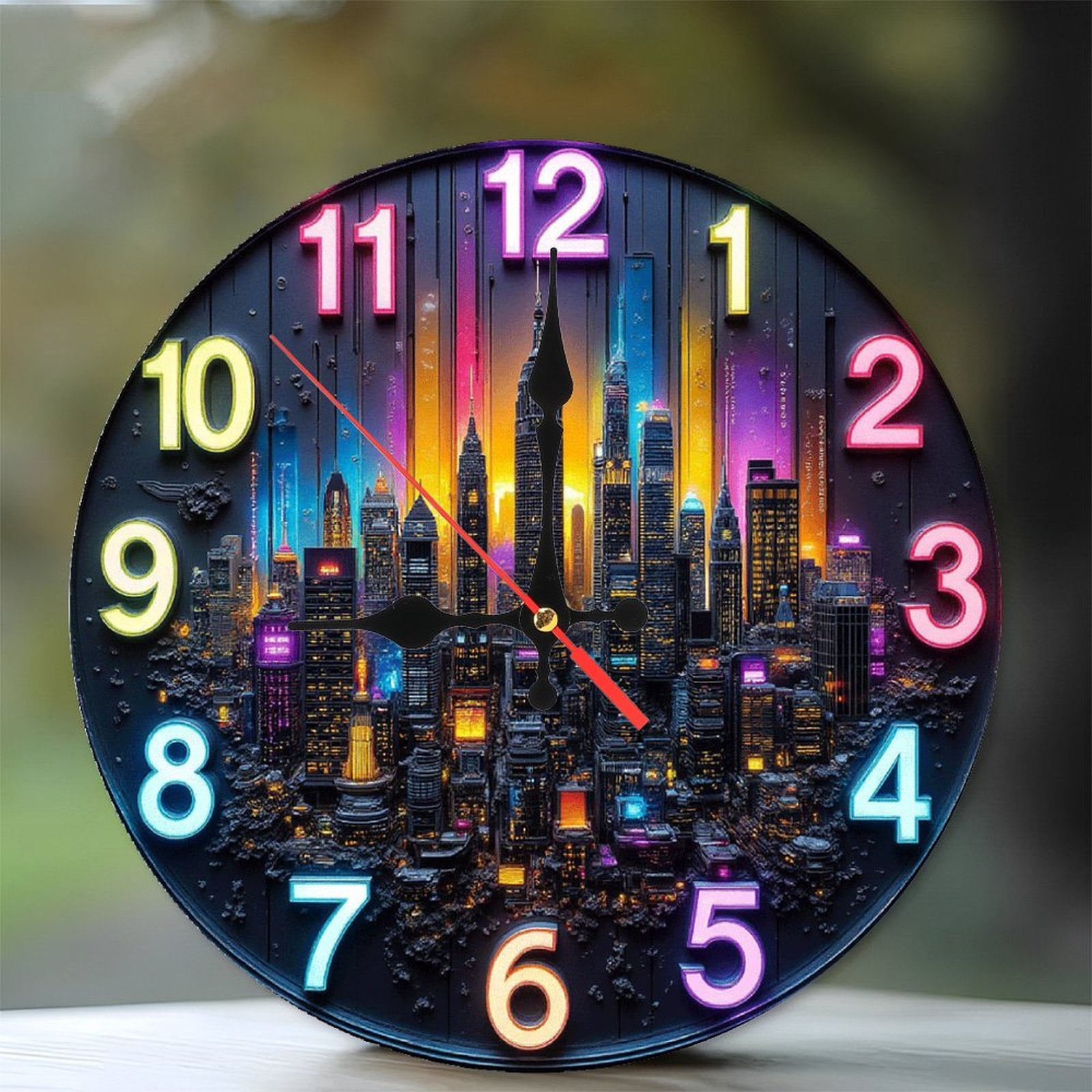 Modern Neon City Skyline Wall Clock Art Decor 10-Inch Silent Wooden ...