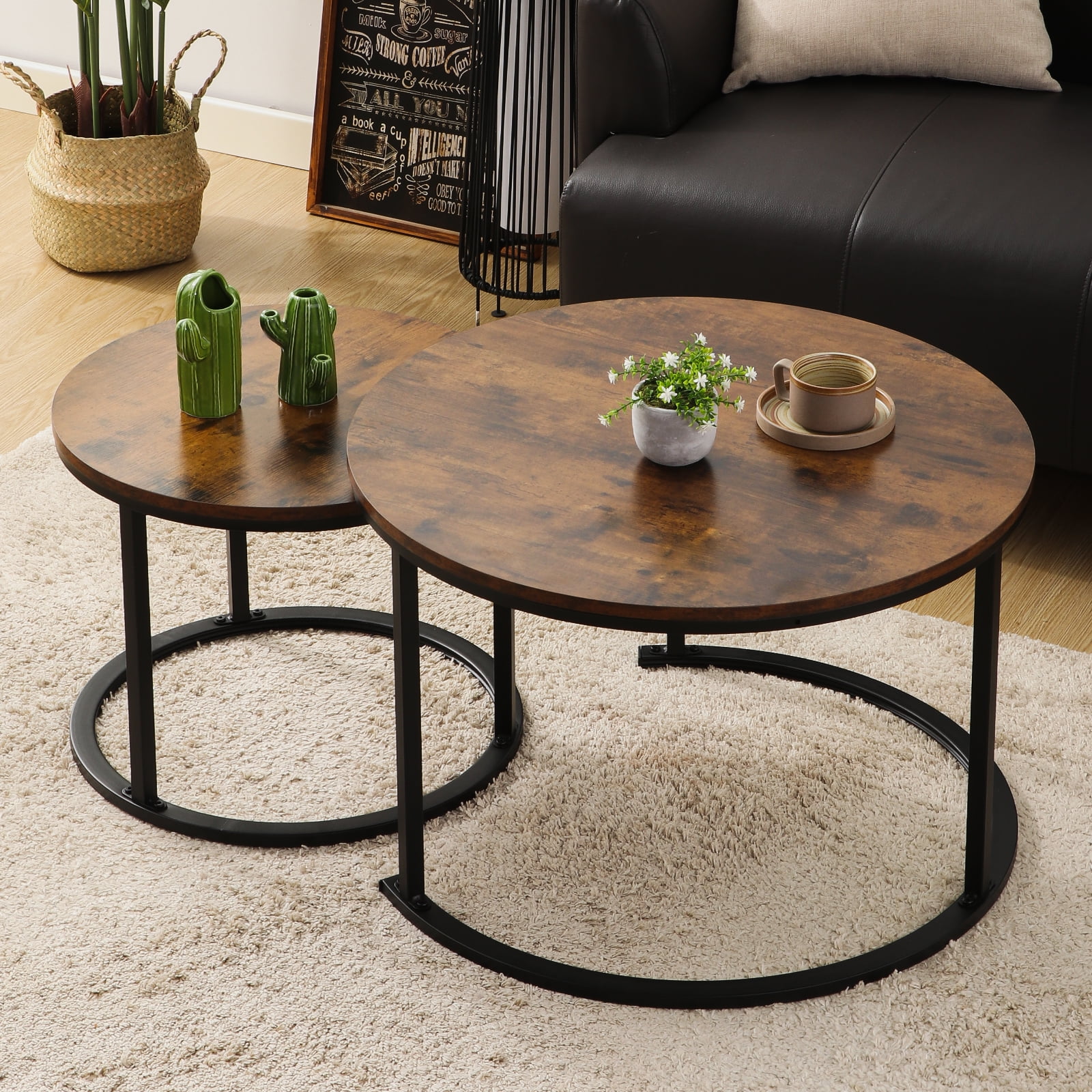 Modern Round Wood Base Nesting Coffee Table Set of 2, Metal Stacking ...
