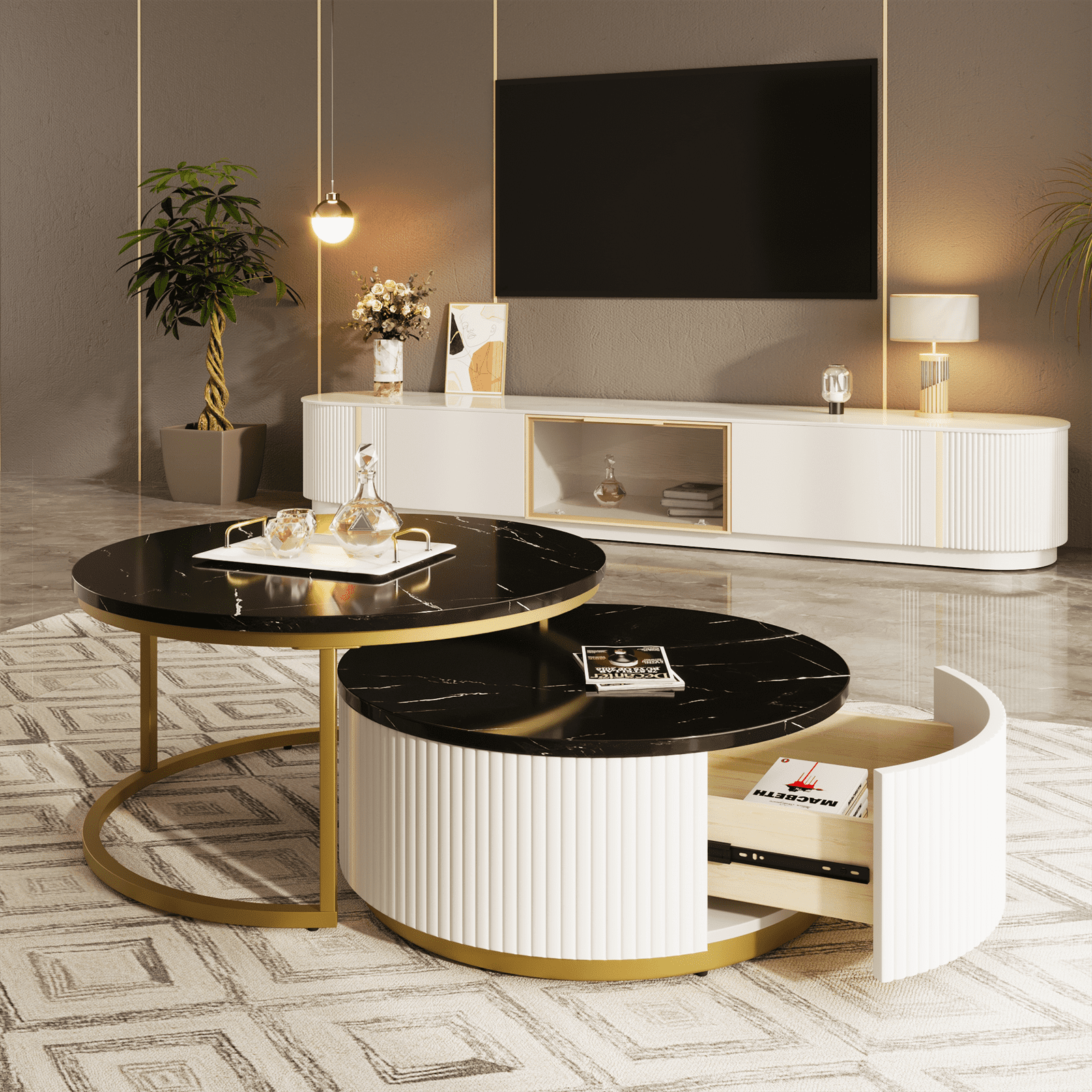 Modern Nesting Round Coffee Table Set of 2, Stackable Accent Cocktail ...
