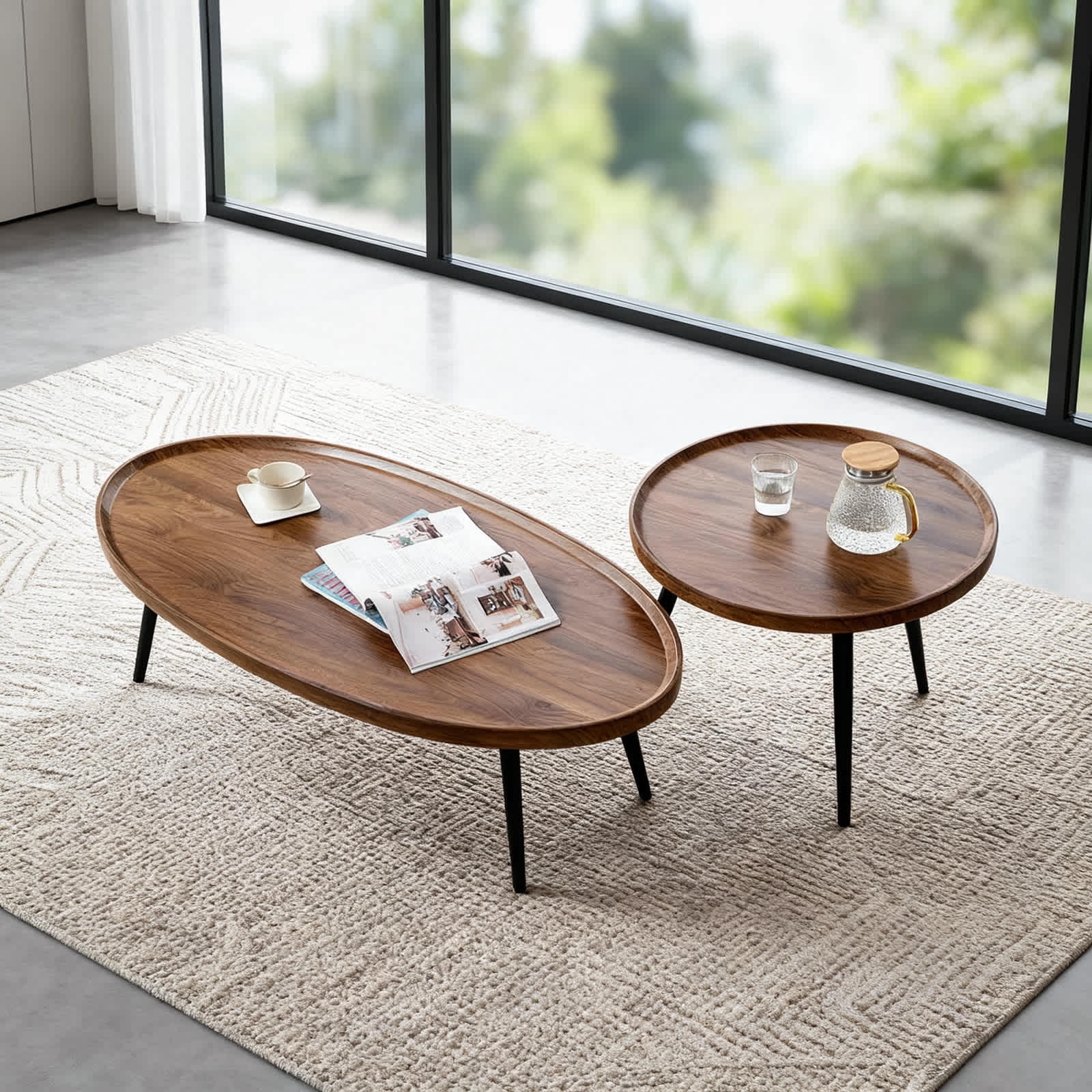 Modern Nesting Side Table Set of 2 Walnut Coffee Tables for Living Room ...