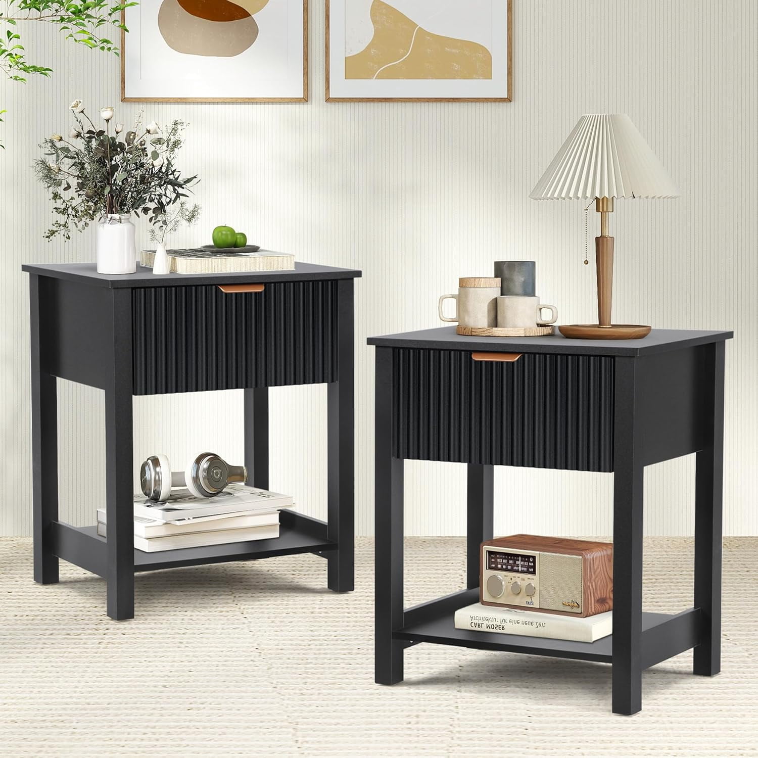 Modern Night Stand Set 2 with Drawer, Black Nightstand for Bedroom ...