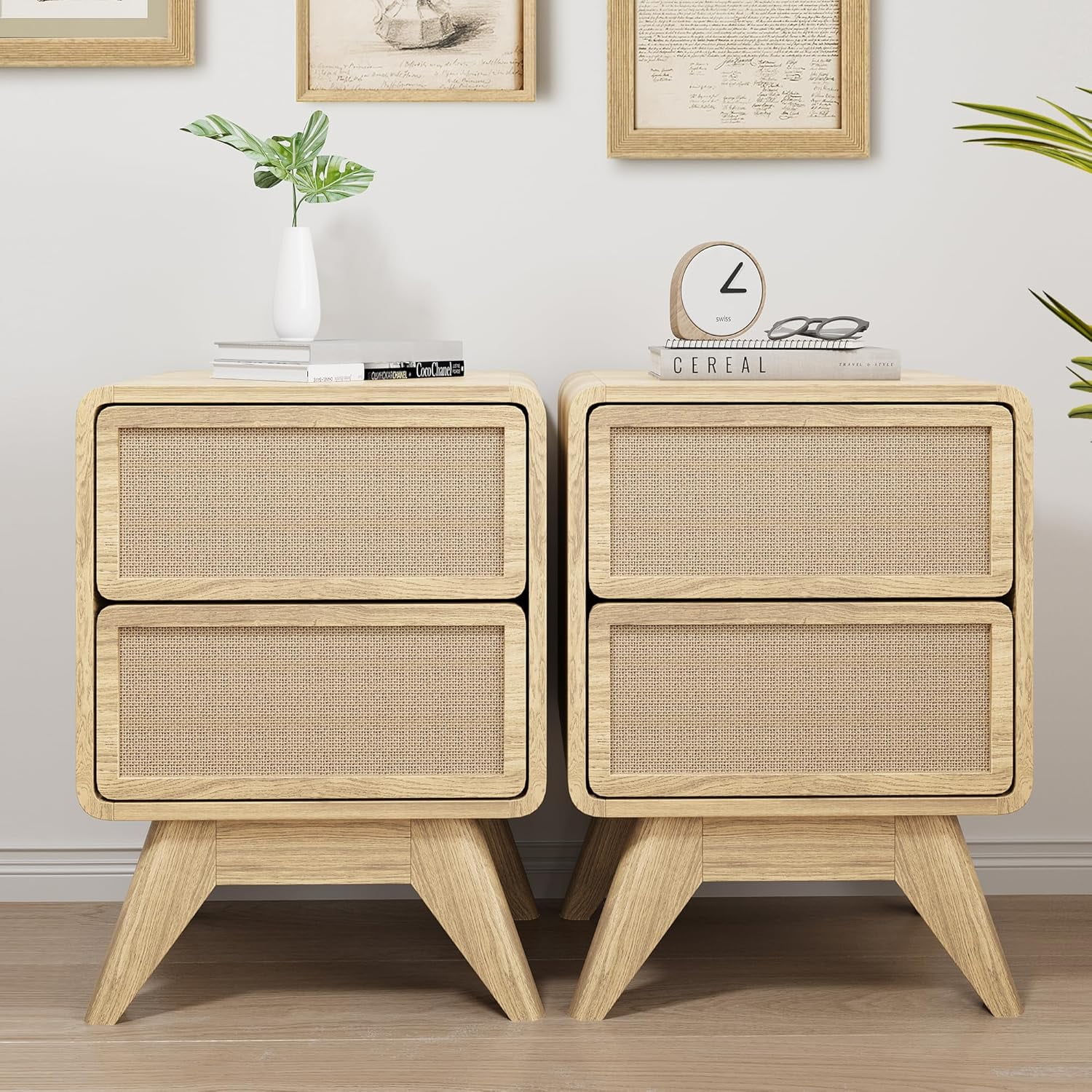 Modern Night Stand Set of 2, Wood Bedside Table Curved Round Edge ...