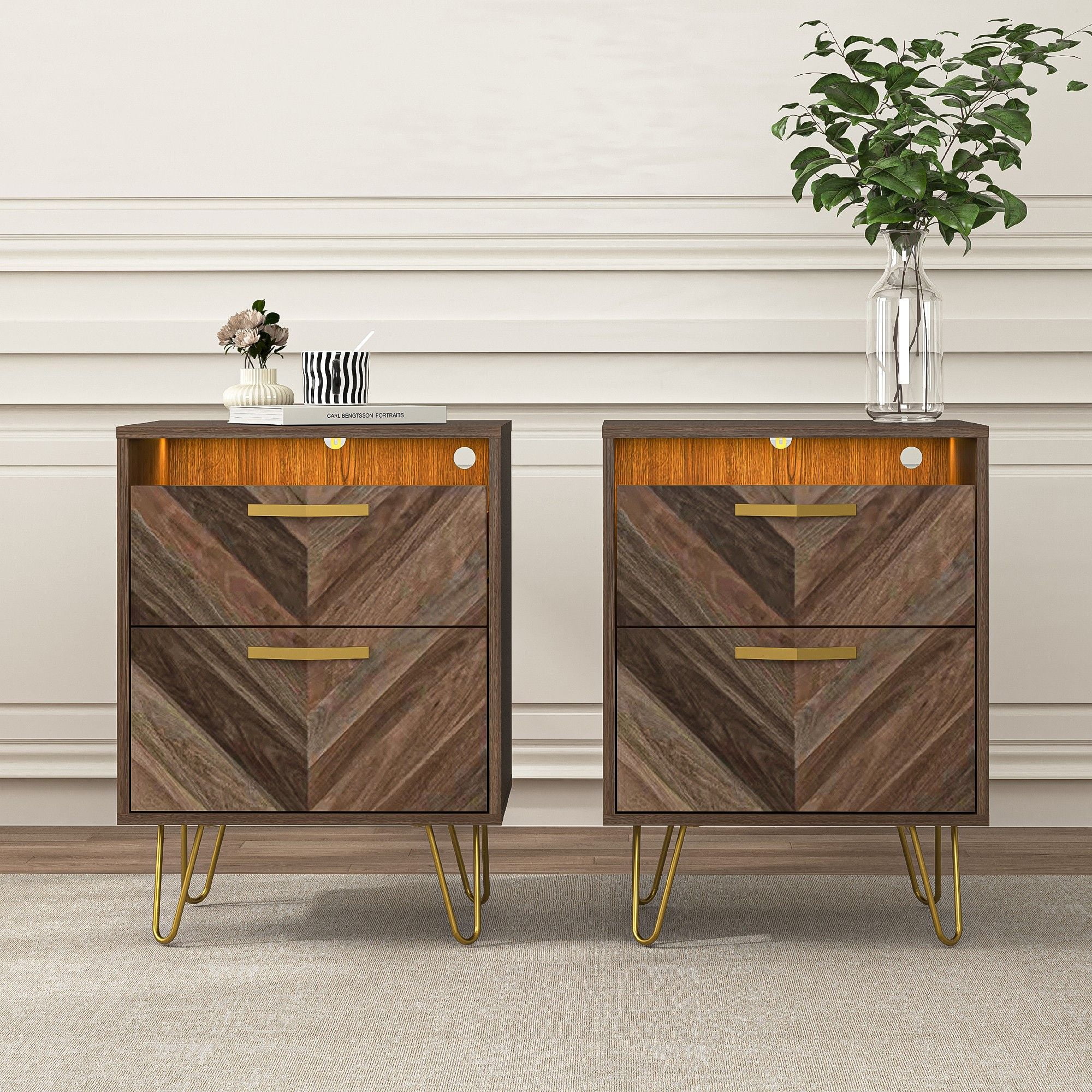 Modern Night Stand Set of 2 with Mobile APP Remote Light, Jointed Wood ...