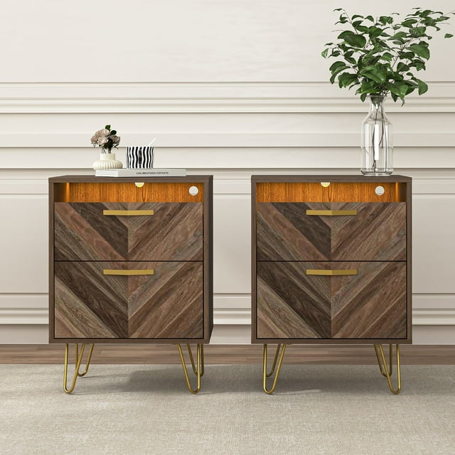 Modern Night Stand Set of 2 with Mobile APP Remote Light, Jointed Wood ...