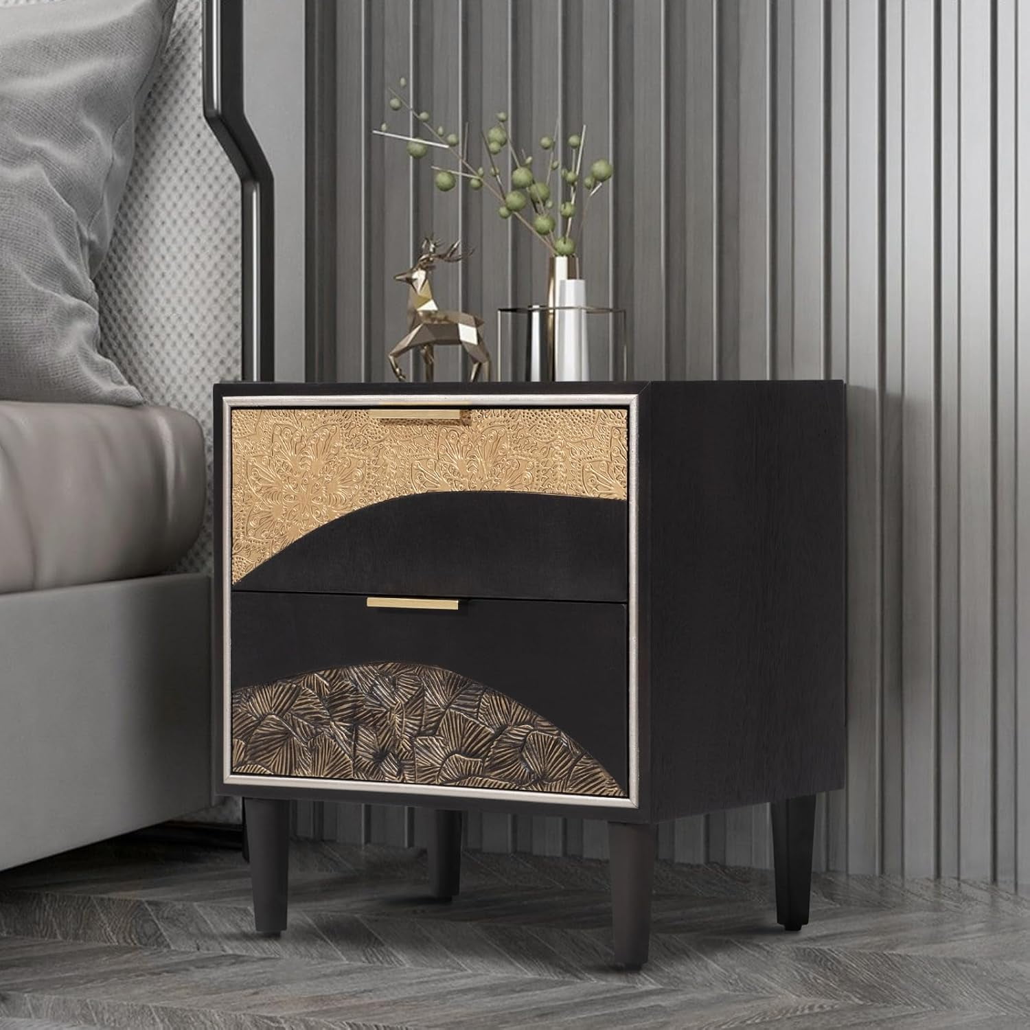 Modern Nightstand with 2 Drawers Set of 2 Luxury Black Bed Side Tables ...