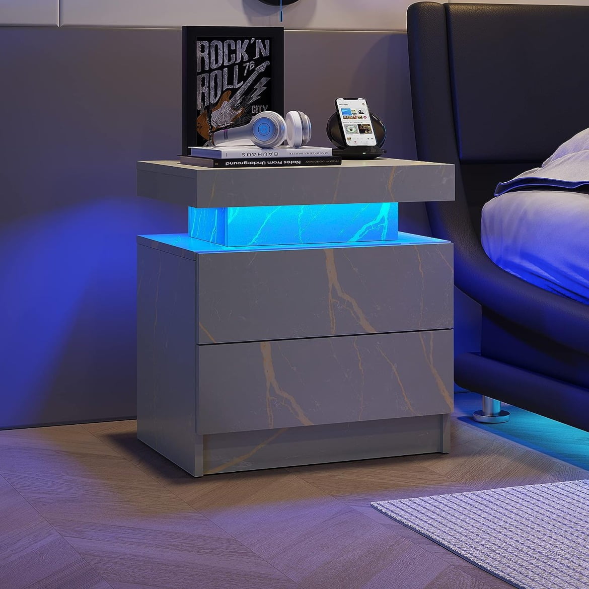 Modern Nightstand with Adjustable LED Lights, Bedside Table with 2 ...
