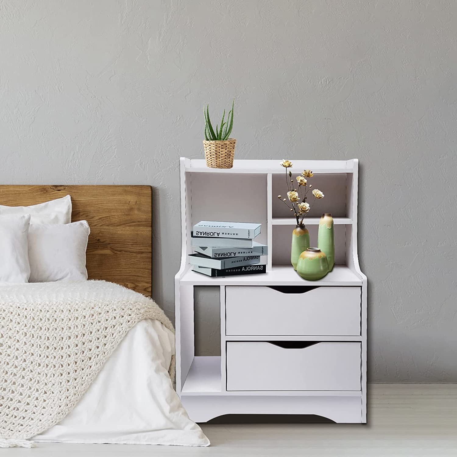 Modern Nightstand High Bedside Table with 2 Drawer, Multifunctional Bedside Cabinet White ...