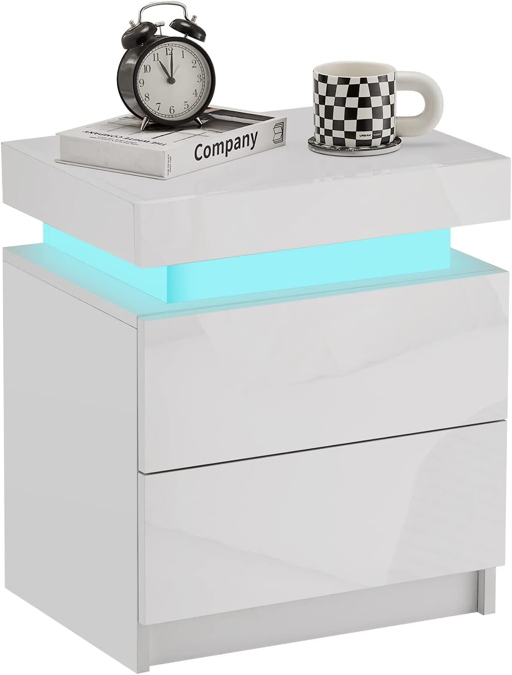 Modern Nightstand, LED Night Stand with 2 High Gloss Chest of Drawers ...