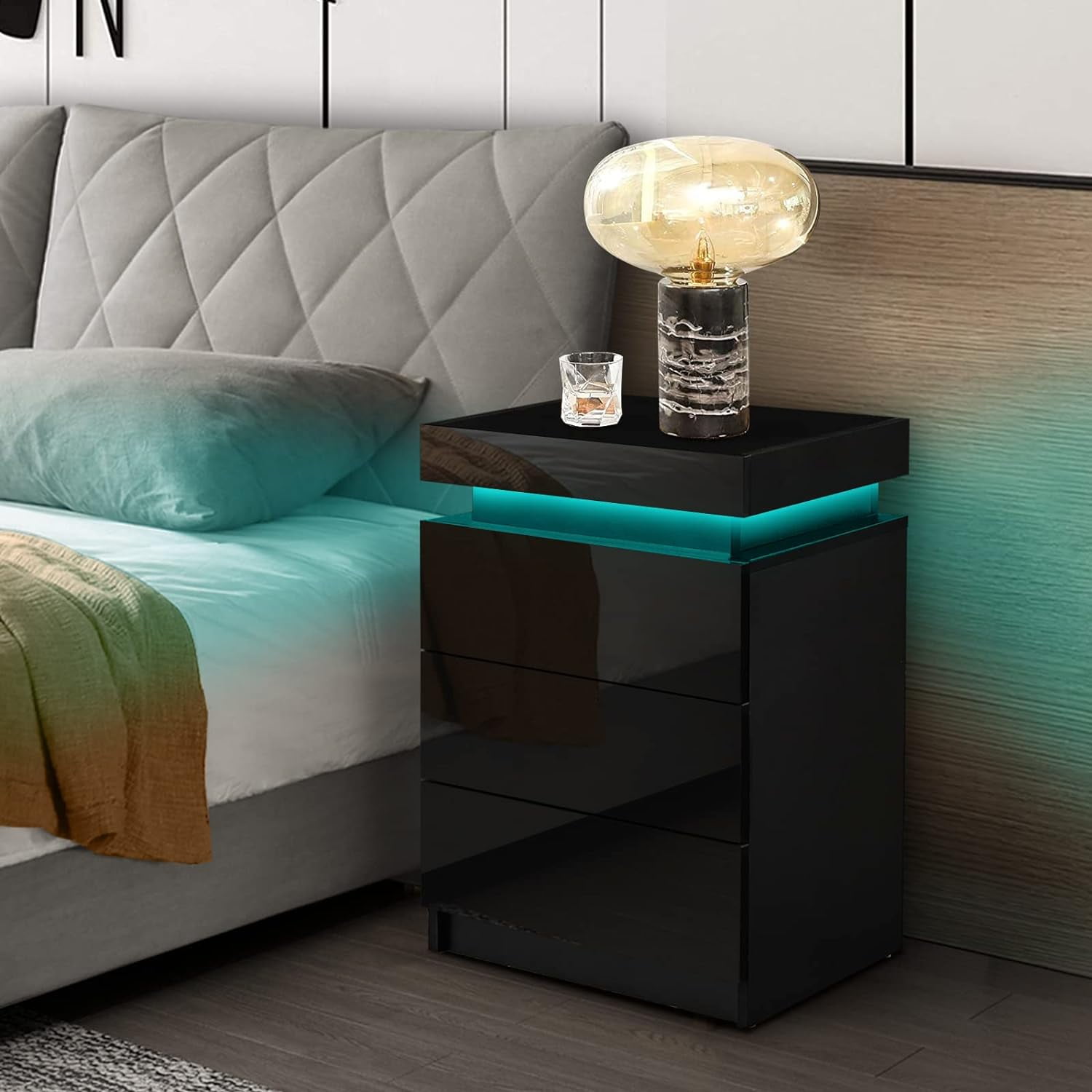 Modern Nightstand, LED Night Stand with 2 High Gloss Chest of Drawers ...