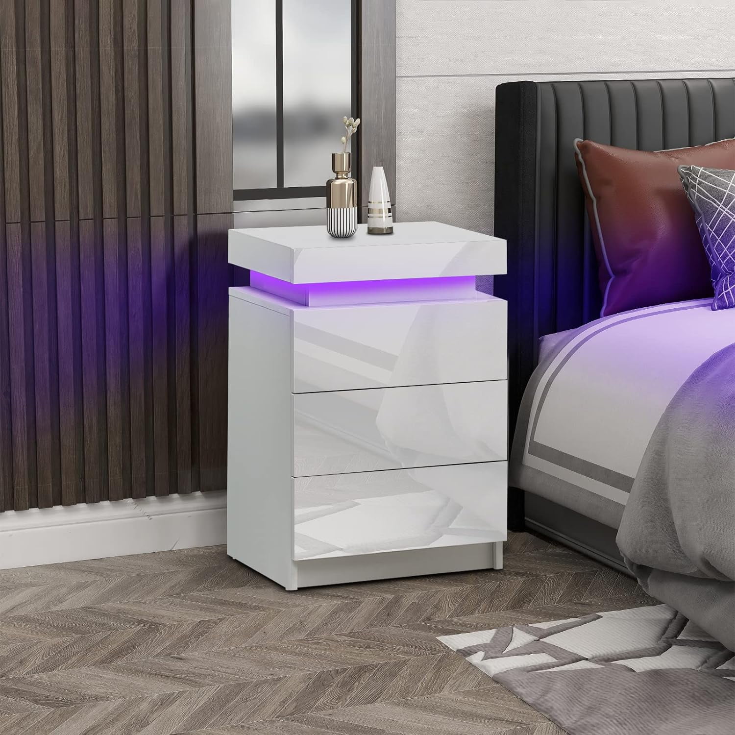 Modern Nightstand, LED Night Stand with 3 High Gloss Chest of Drawers ...