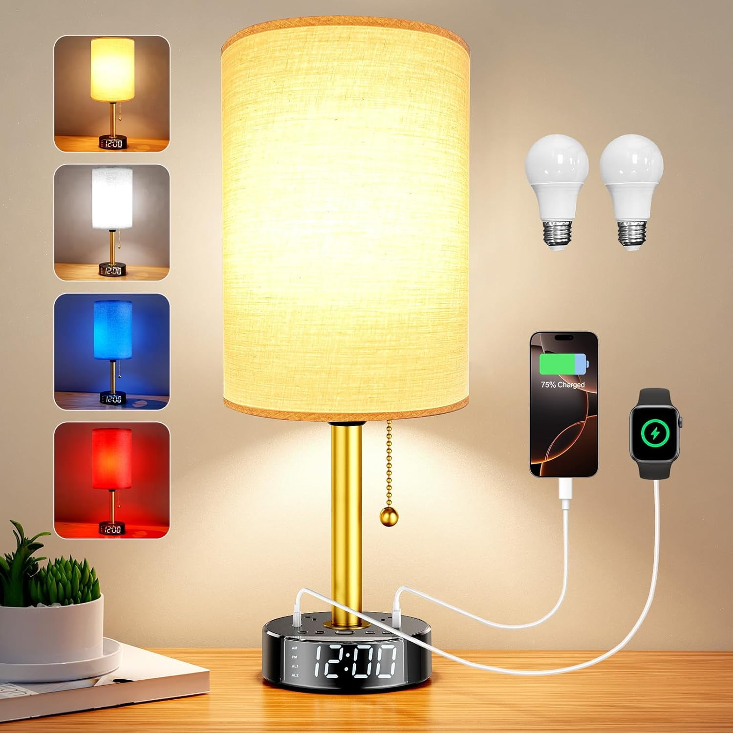 Modern Nightstand Lamp with USB A/C Charging, Alarm Clock Base & 2 AC ...
