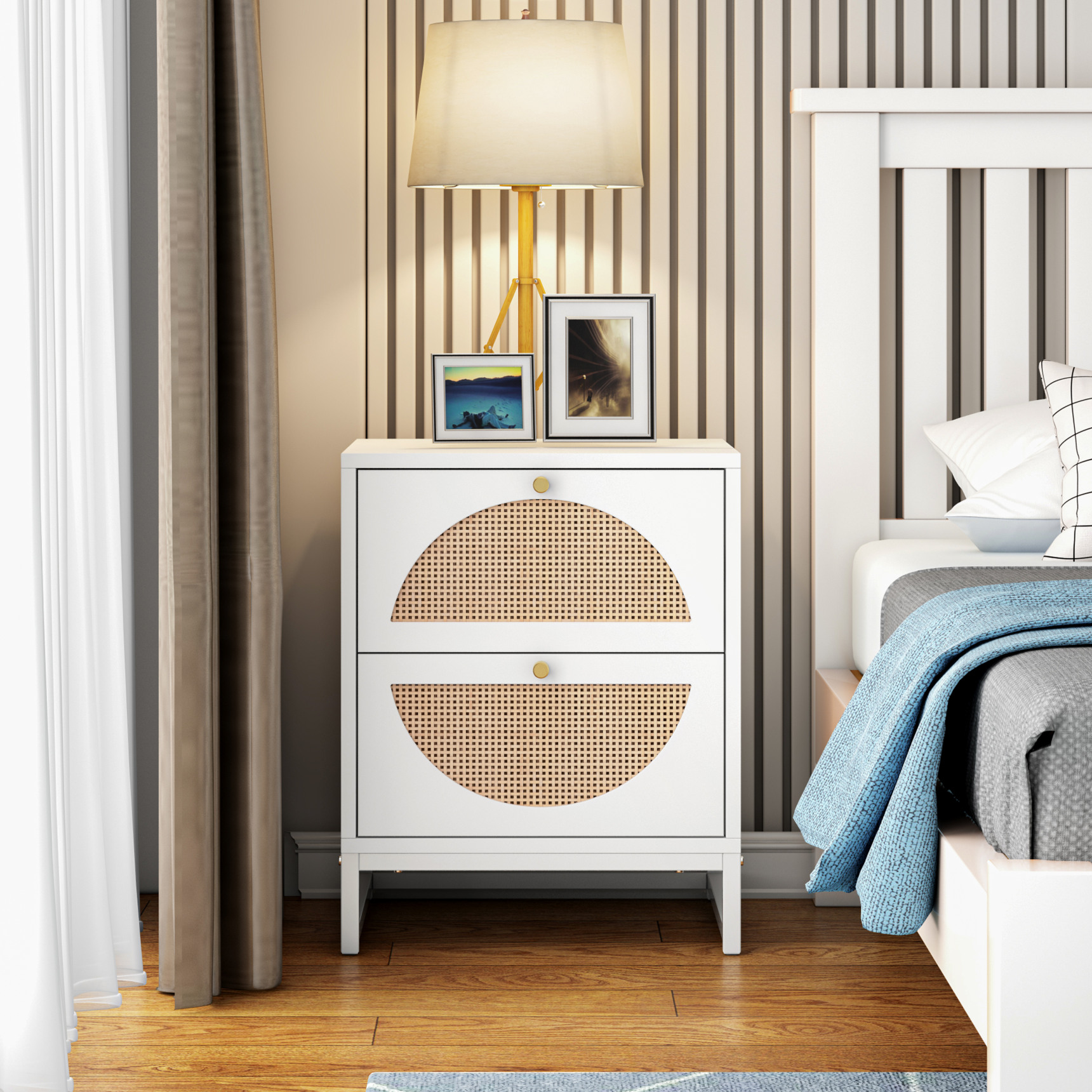 Modern Nightstand Rattan Side Table with 2 Storage Drawers, Bedside End ...