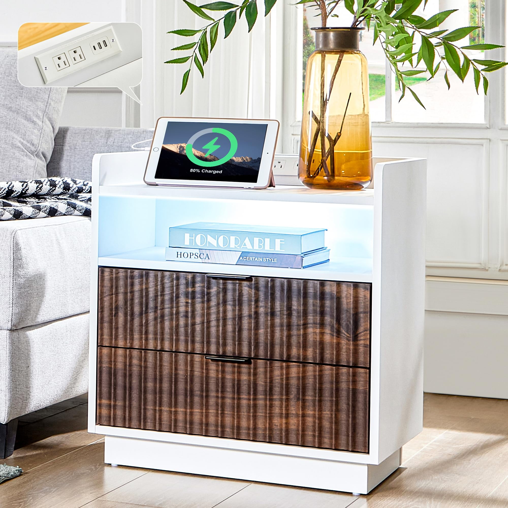 Modern Nightstand with USB Charging Ports, Fluted Design Bedside Table ...