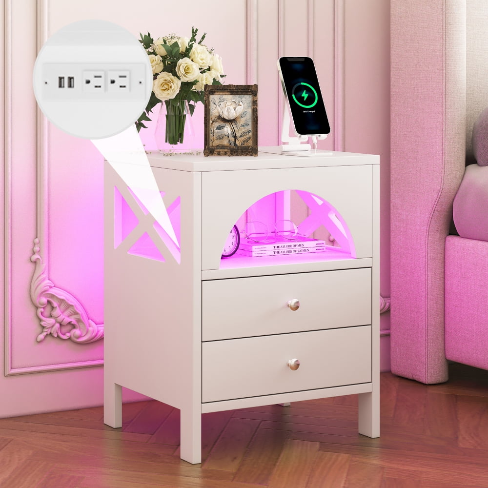 Modern Nightstand with USB Charging Ports and LED Lights,Wood Accent ...