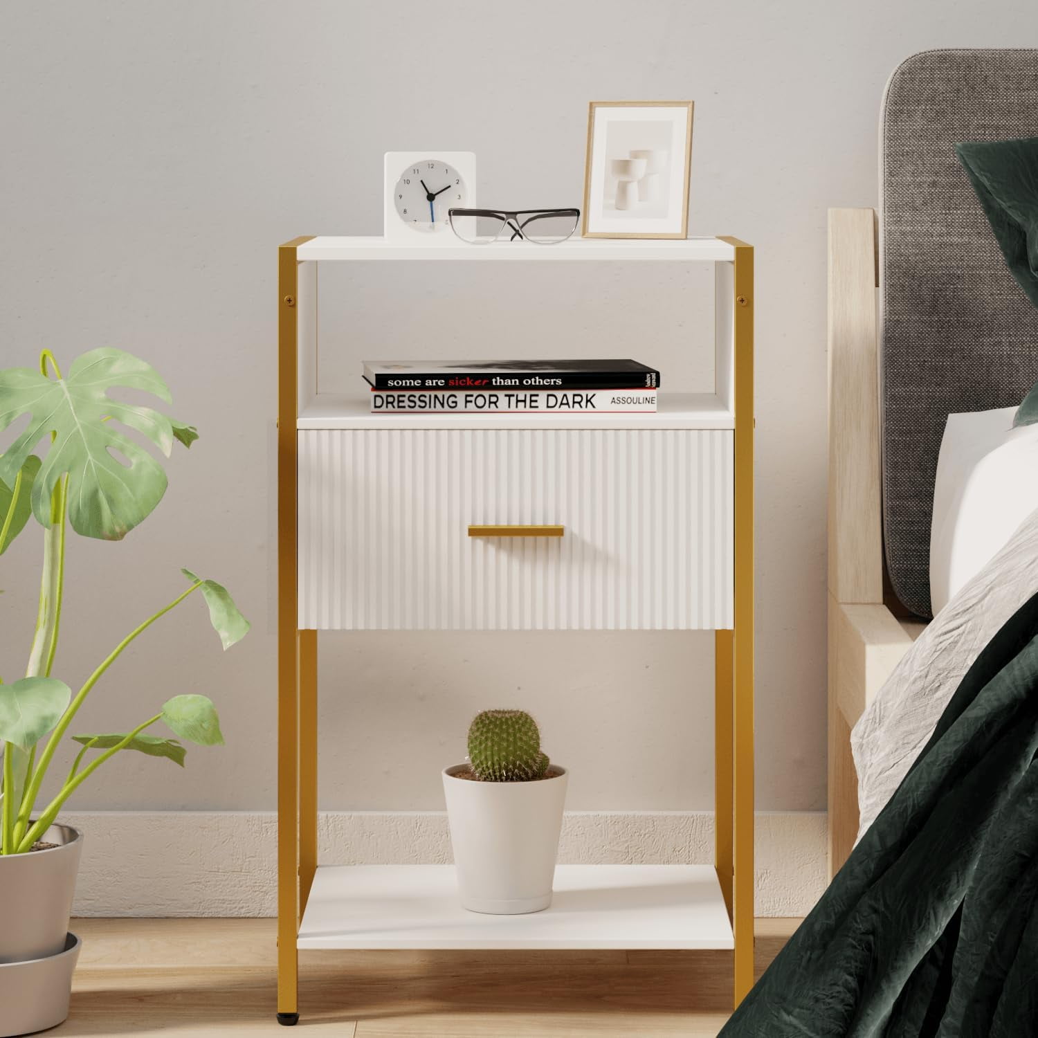 Modern Nightstand, White and Gold Side Table with Drawer, Fluted ...