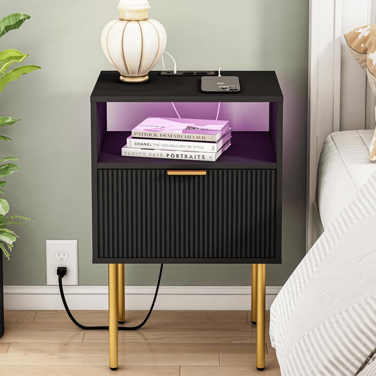 Modern Nightstand with Charging Station and LED Lights, Black ...