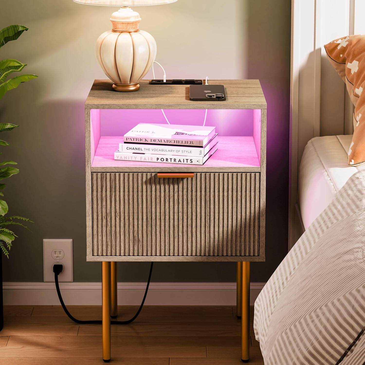 Modern Nightstand with Charging Station and LED Lights, White Bedside ...
