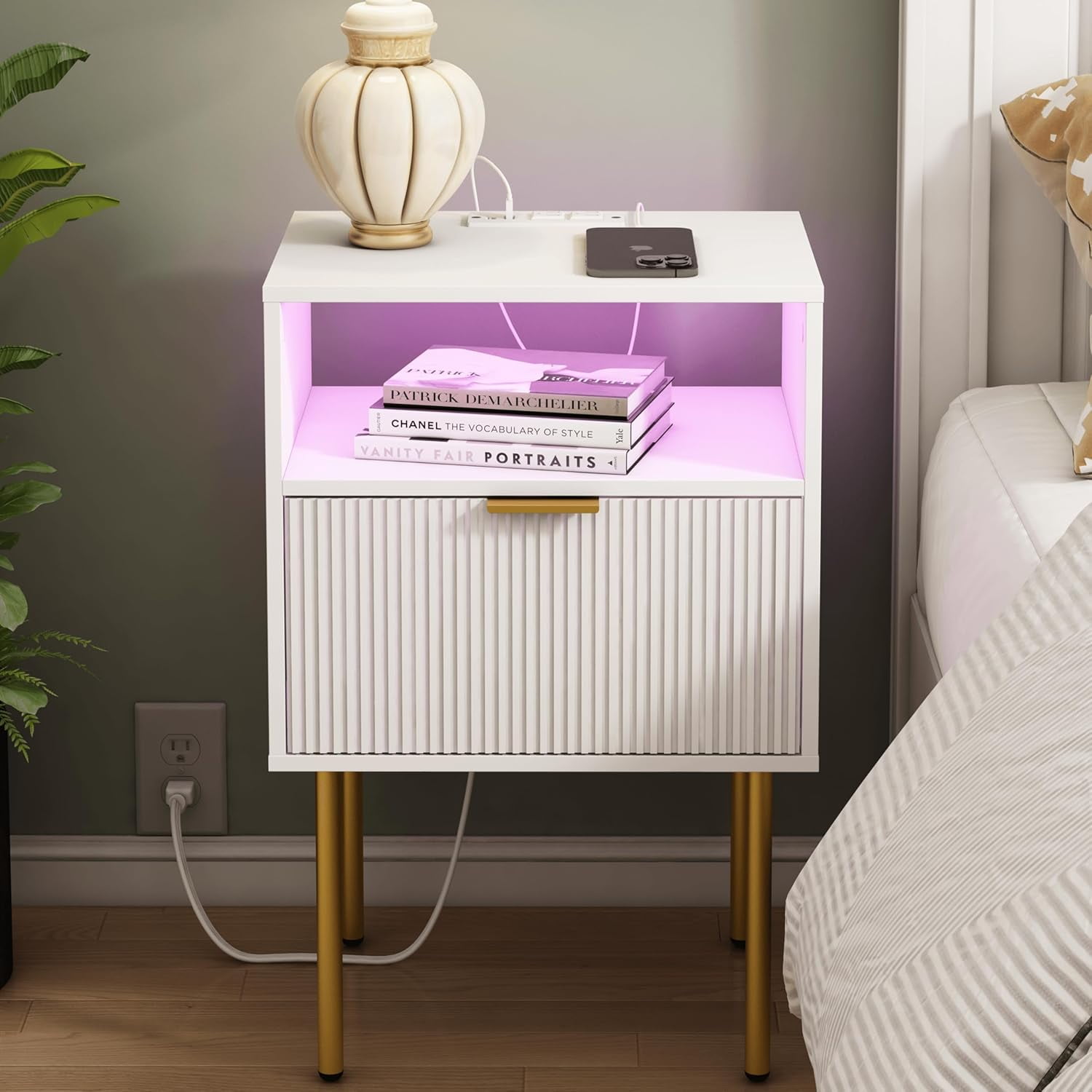 Modern Nightstand with Charging Station and LED Lights, White Bedside ...