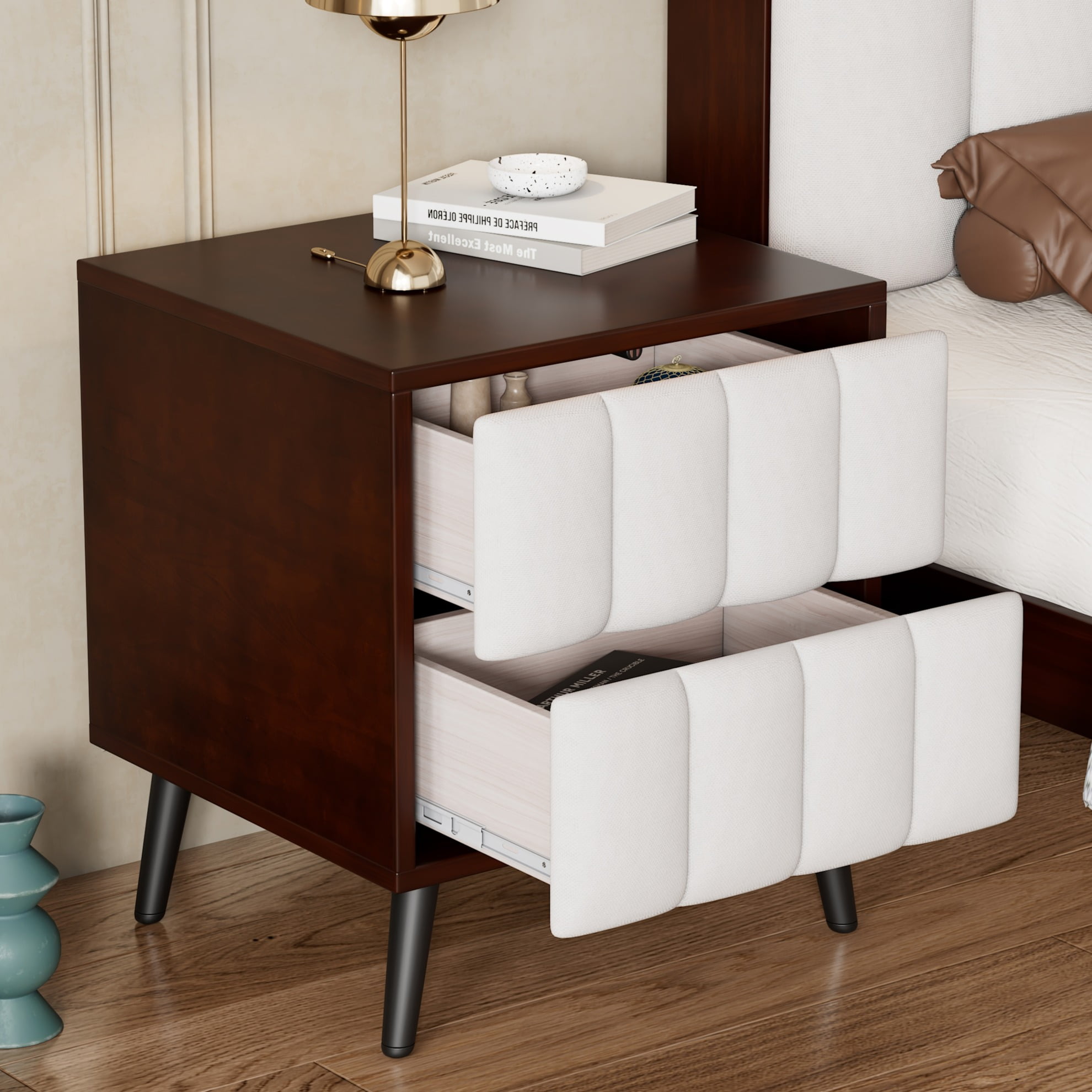 Modern Nightstand with Functional 2 Drawers, Wood and Linen Bedside ...