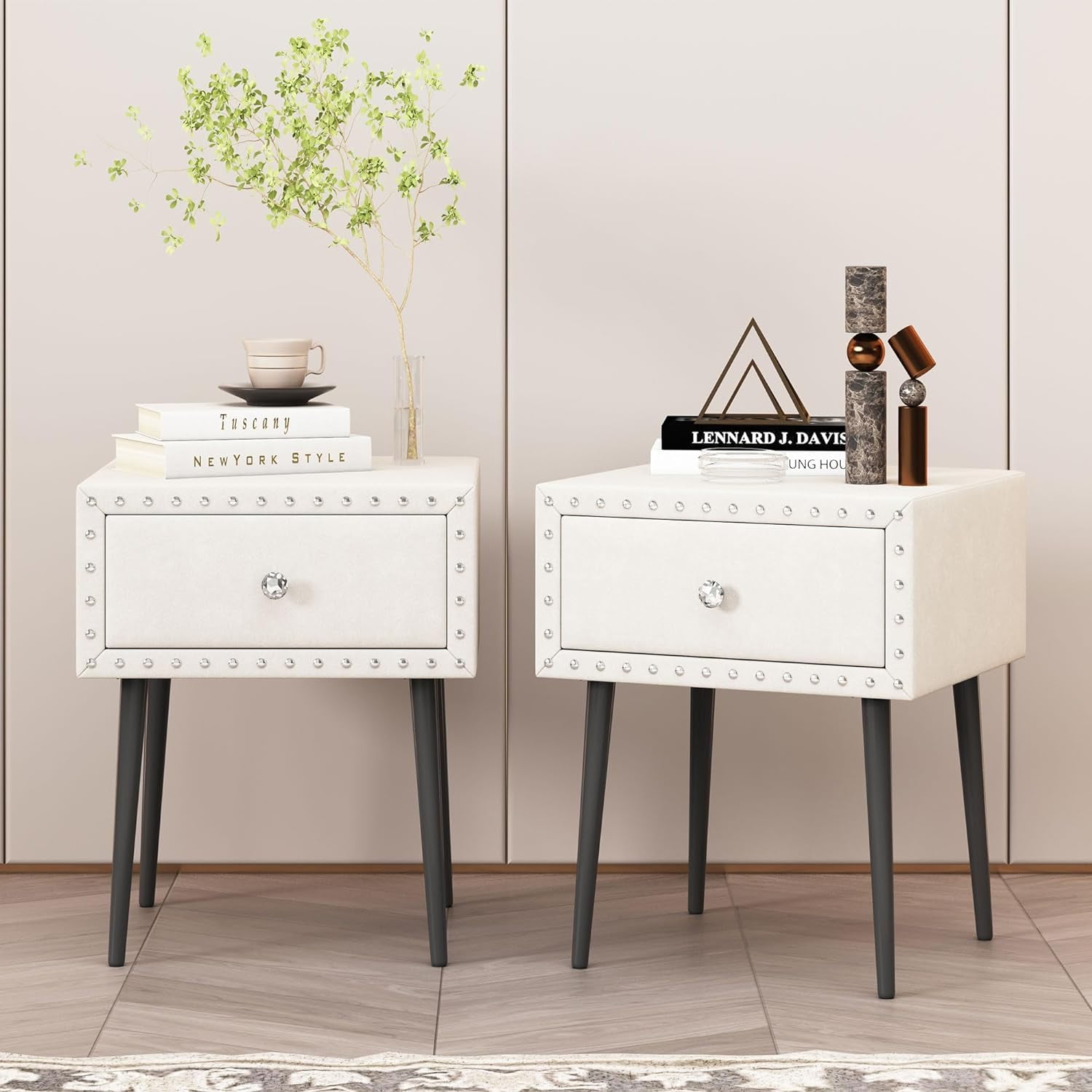 Modern Nightstands Set of 2 with Drawer and Crystal Handle, Elegant ...