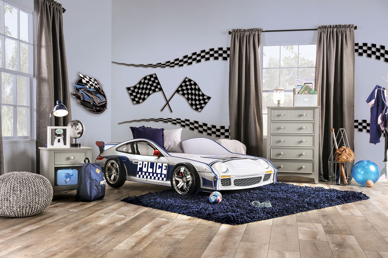 Modern Novelty Twin Police Car Bed - Blue/White High Gloss MDF ...